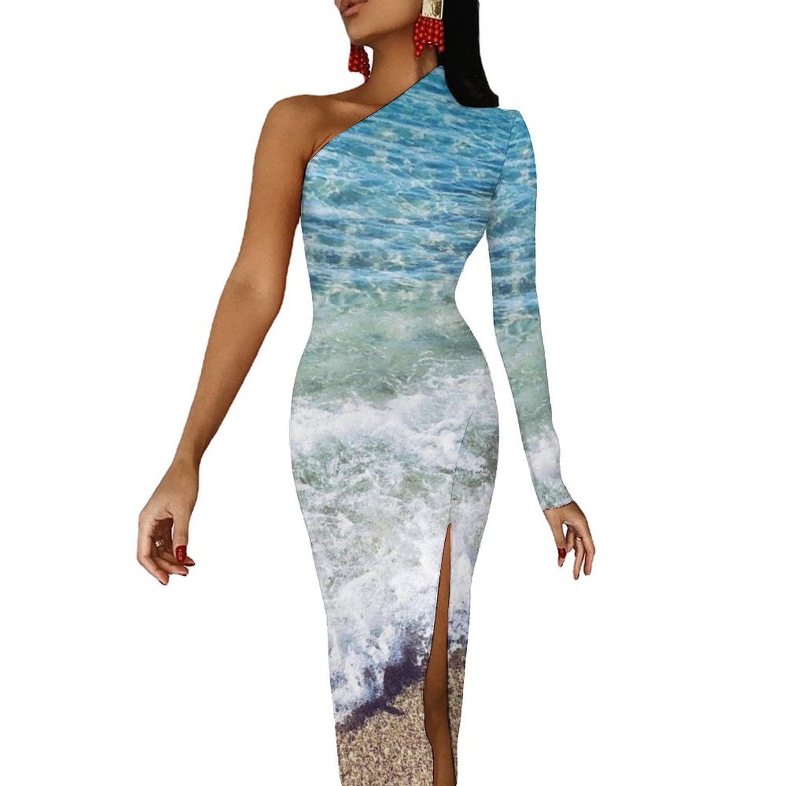 Ocean Blue Shore Waves Half Dleeve Split Dress Cocktail Dresses Wedding