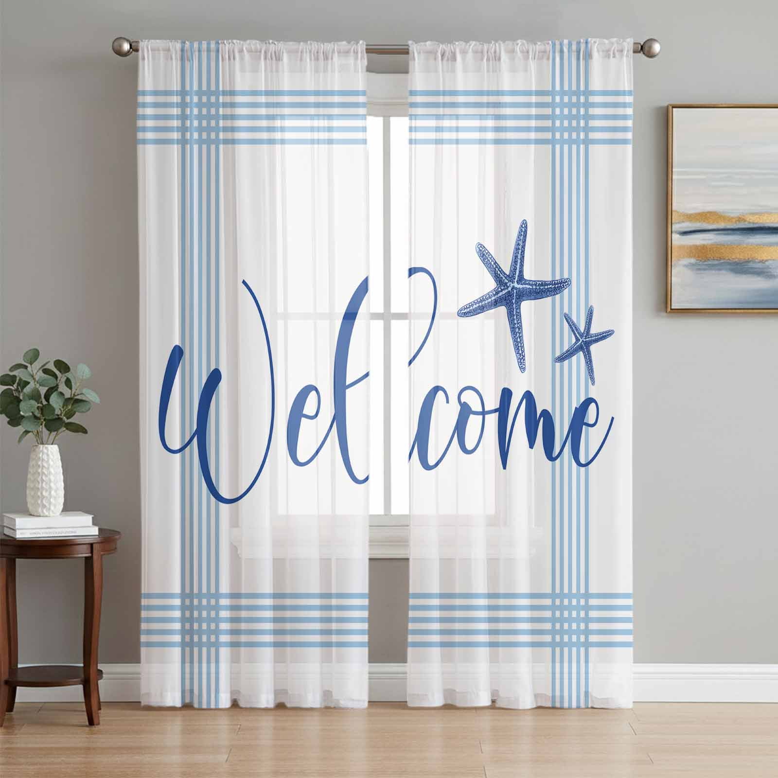 Ocean Blue Starfish Sheer Curtains 84 Inch Length 2 Panels Set, Coastal ...