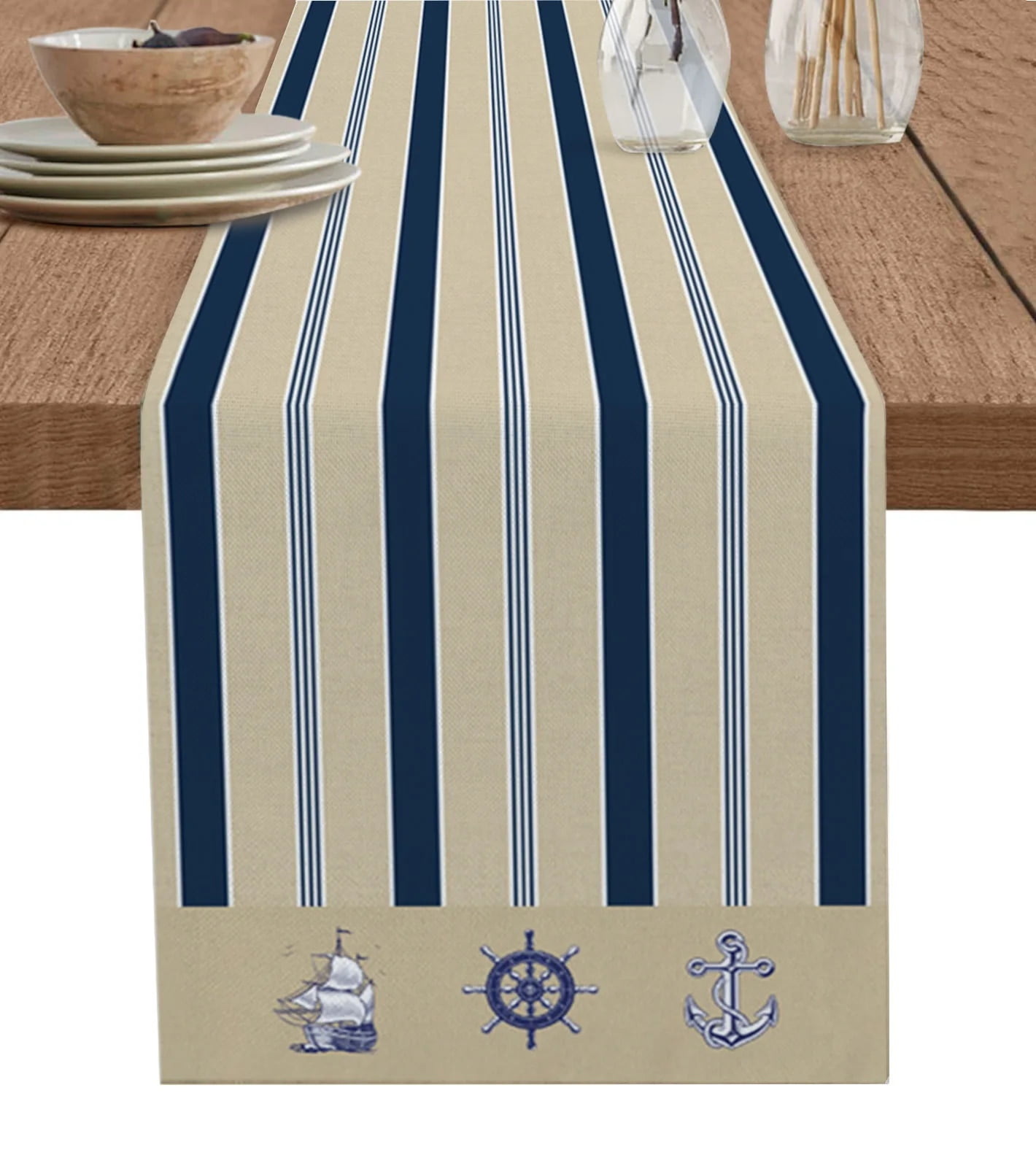 Ocean Blue Striped Ship Rudder Anchor Brown Table Runner Coffee ...