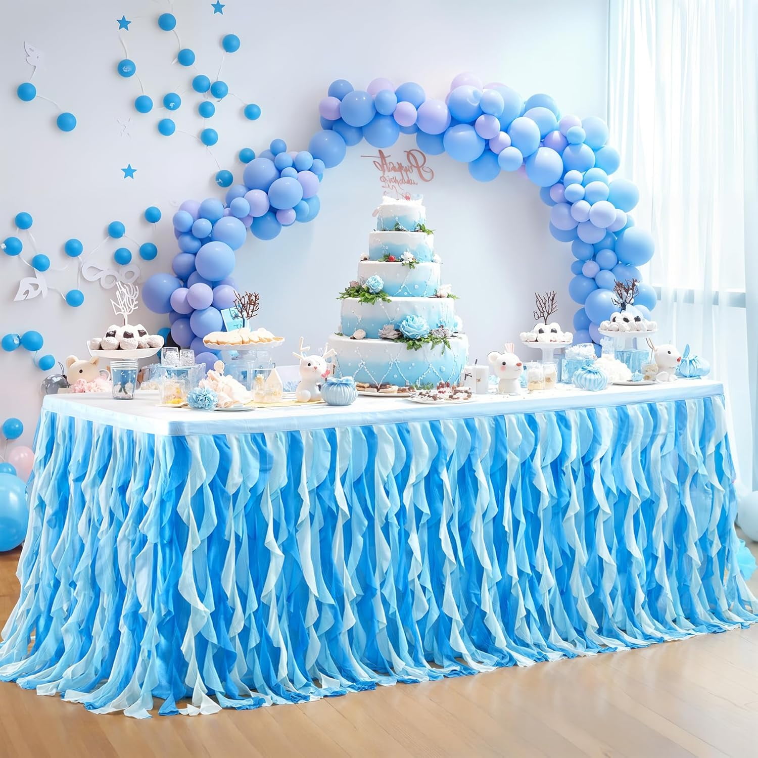 Ocean Blue Tulle Tutu Ruffle Curly Willow Table Skirt for Rectangle Table 14ft,Under The Sea ...