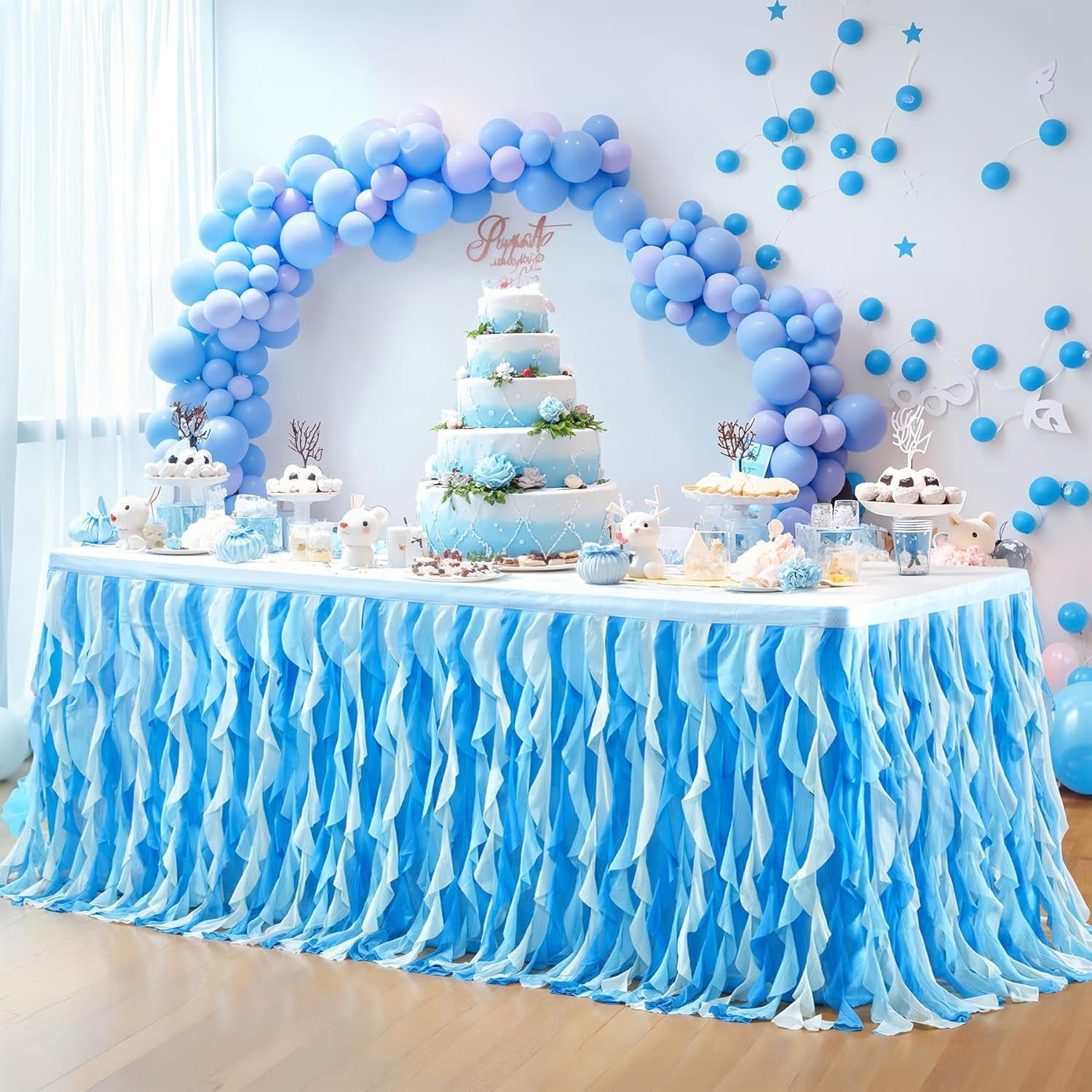 Ocean Blue Tulle Tutu Ruffle Curly Willow Table Skirt for Rectangle Table 17ft,Under The Sea ...