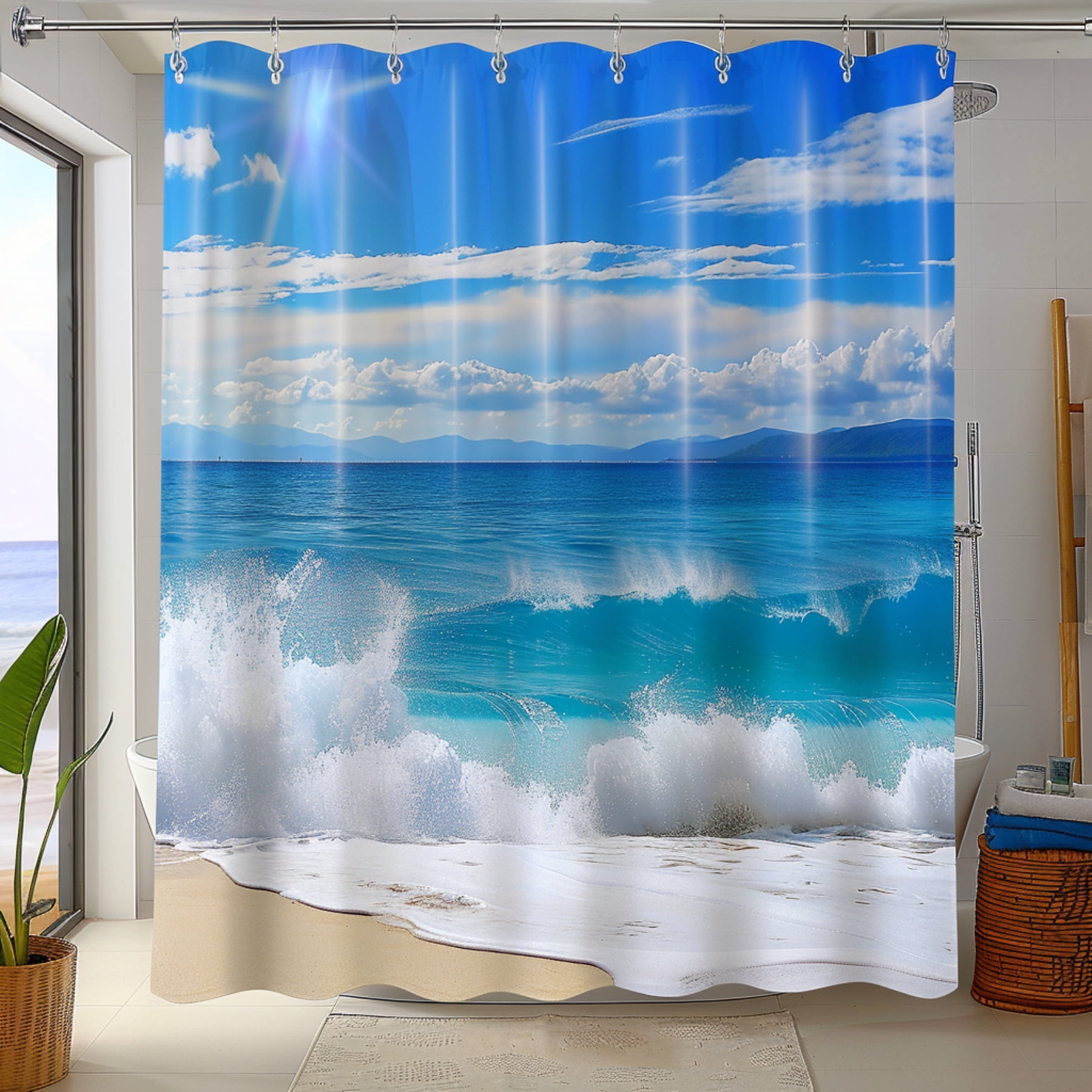 Ocean Blue Waves Shower Curtain Beach Scene Design Bright Sky Azure Sea ...