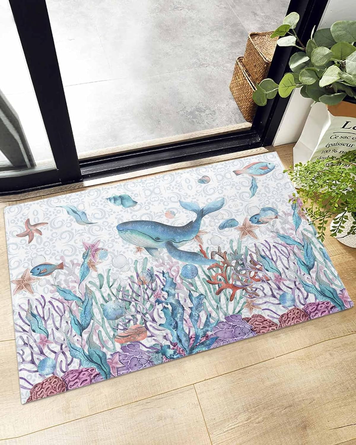 Ocean Blue Whale Coastal Coral Gradient Doormat Shaggy Plush Rug, Comfy ...