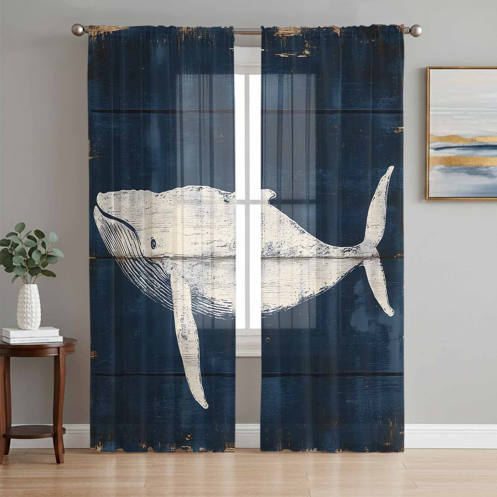 Ocean Blue Whale Sheer Curtains 72 Inch Length 2 Panels Set, Summer ...