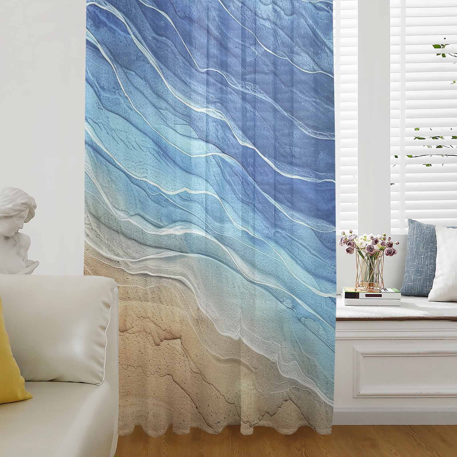 Ocean Blue Window Curtain 96 Inches Long,Abstract Sea Wave Contemporary ...