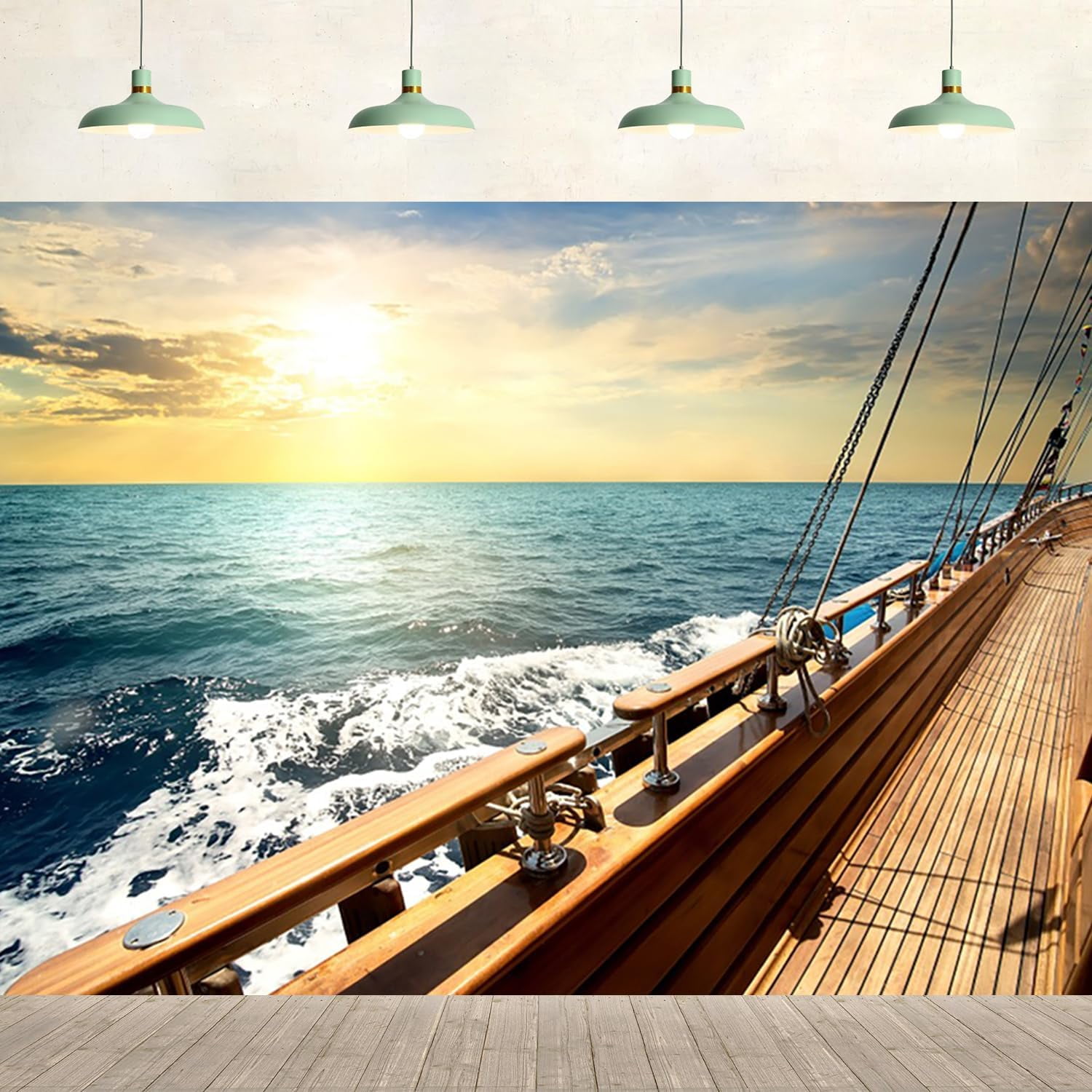 Ocean Boat Backdrop Ship Deck Sunset Blue Sea Nautical Marine Sailor ...