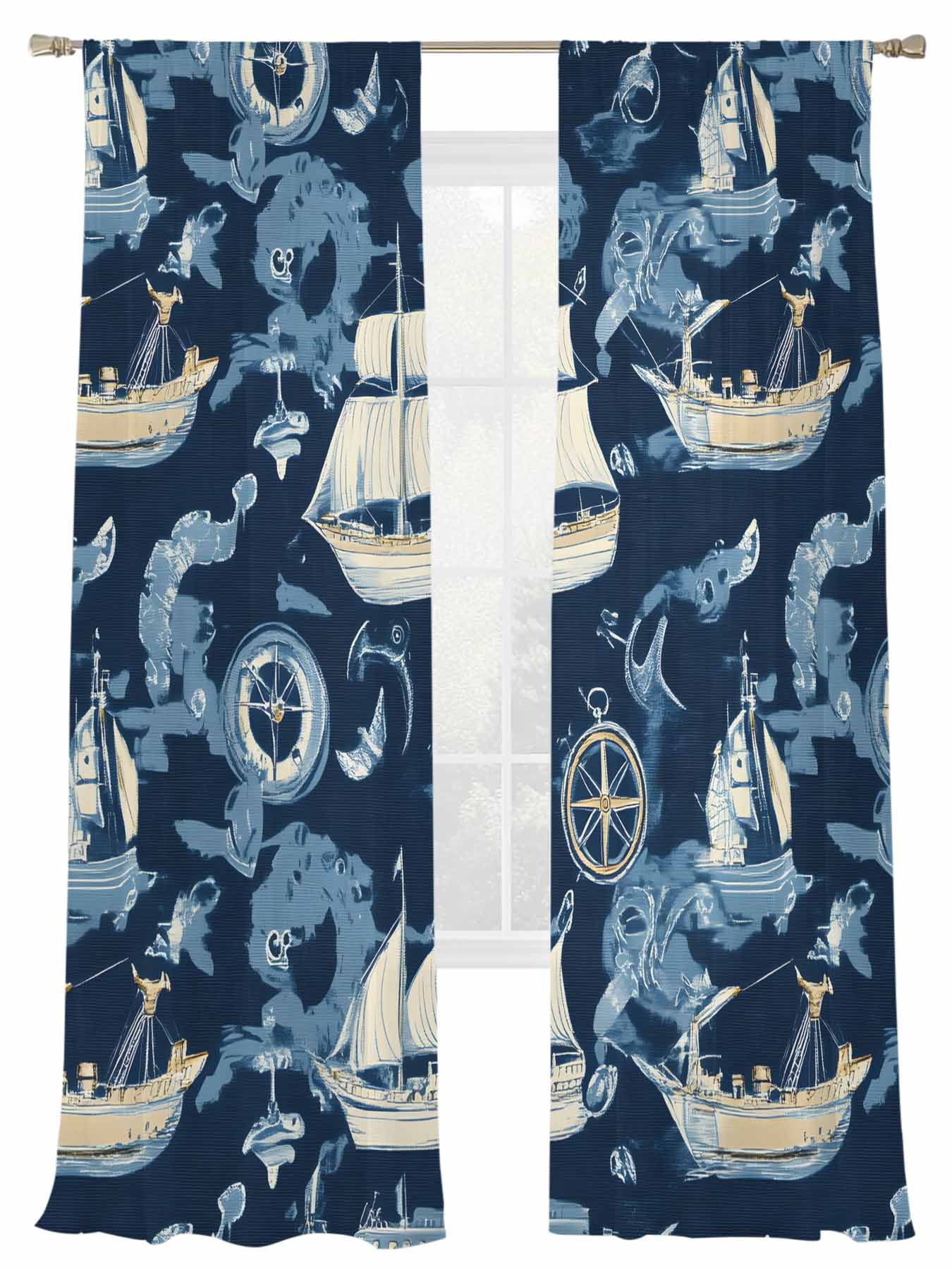 Ocean Boat Sheer Curtains 108 Inch Long 2 Panels, Sailing Boat Modern ...