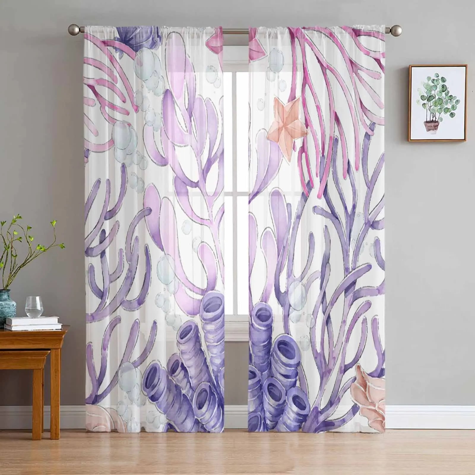 Ocean Bottom Coral Star Watercolor Tulle Sheer Curtains for Living Room ...
