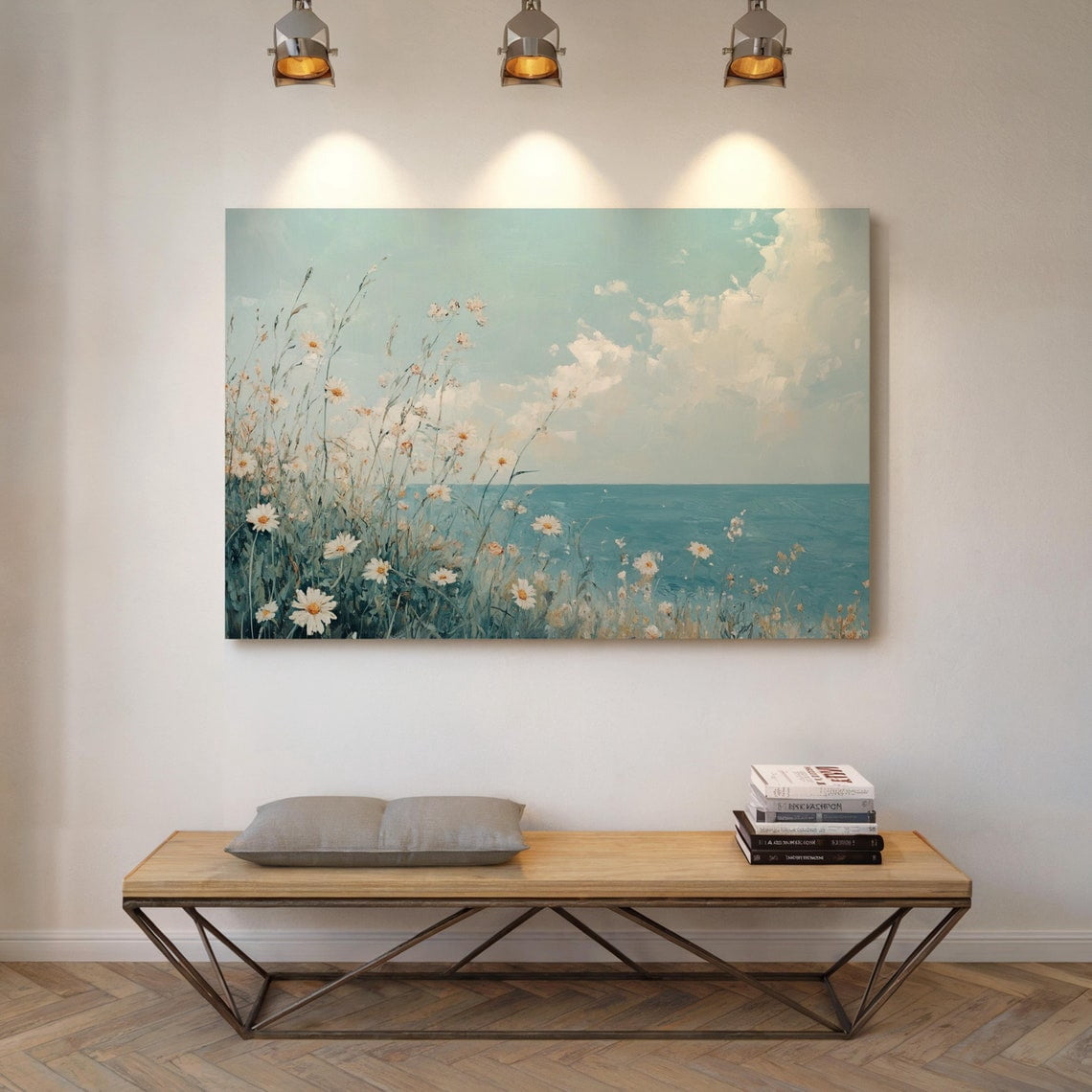 Ocean Breeze Daisy Art - Wildflowers On Coastal Cliff With Azure Sky ...