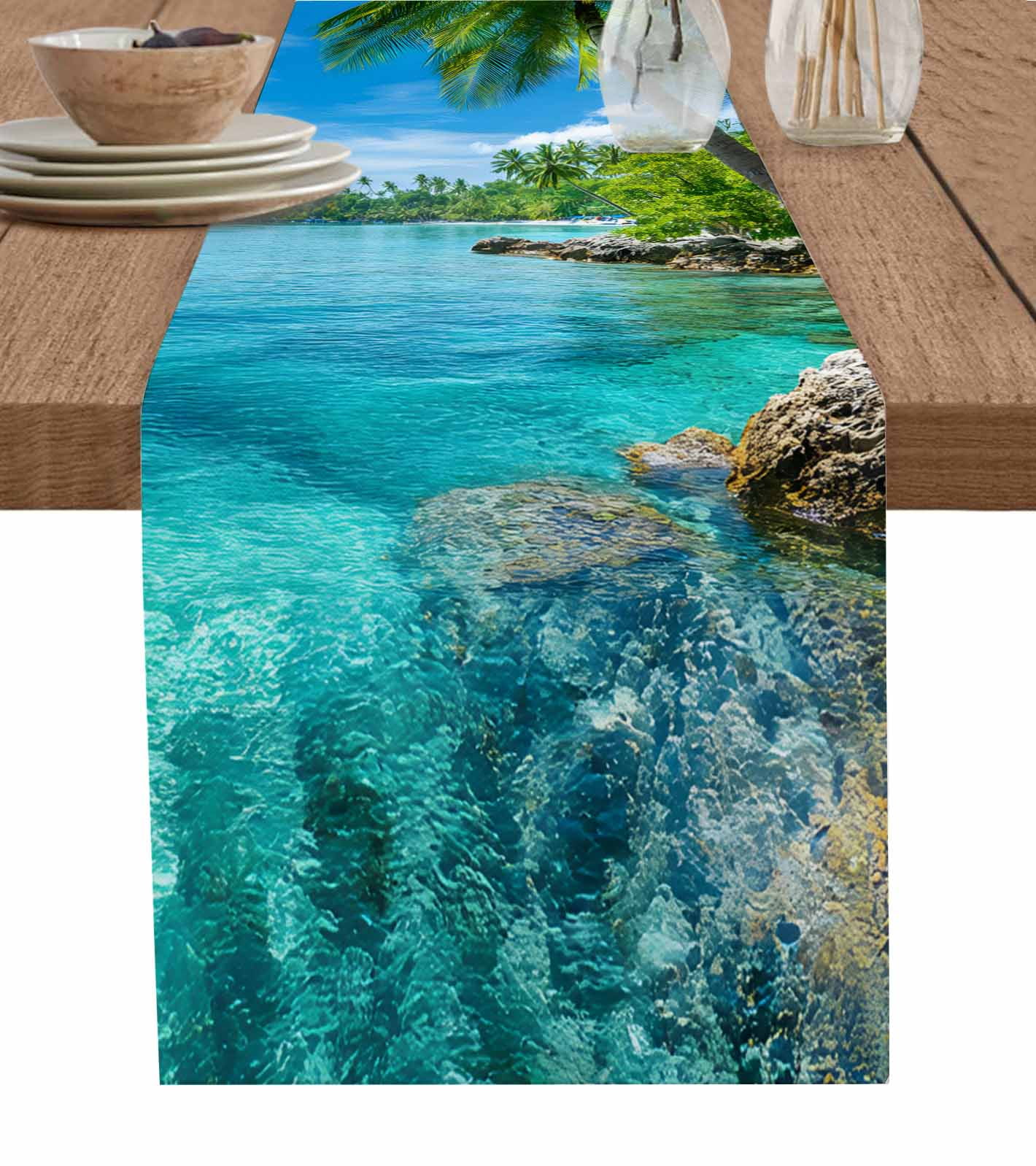 Ocean Burlap Cotton Table Runner 13x120 Inches Long, Blue Sky Palm Tree ...