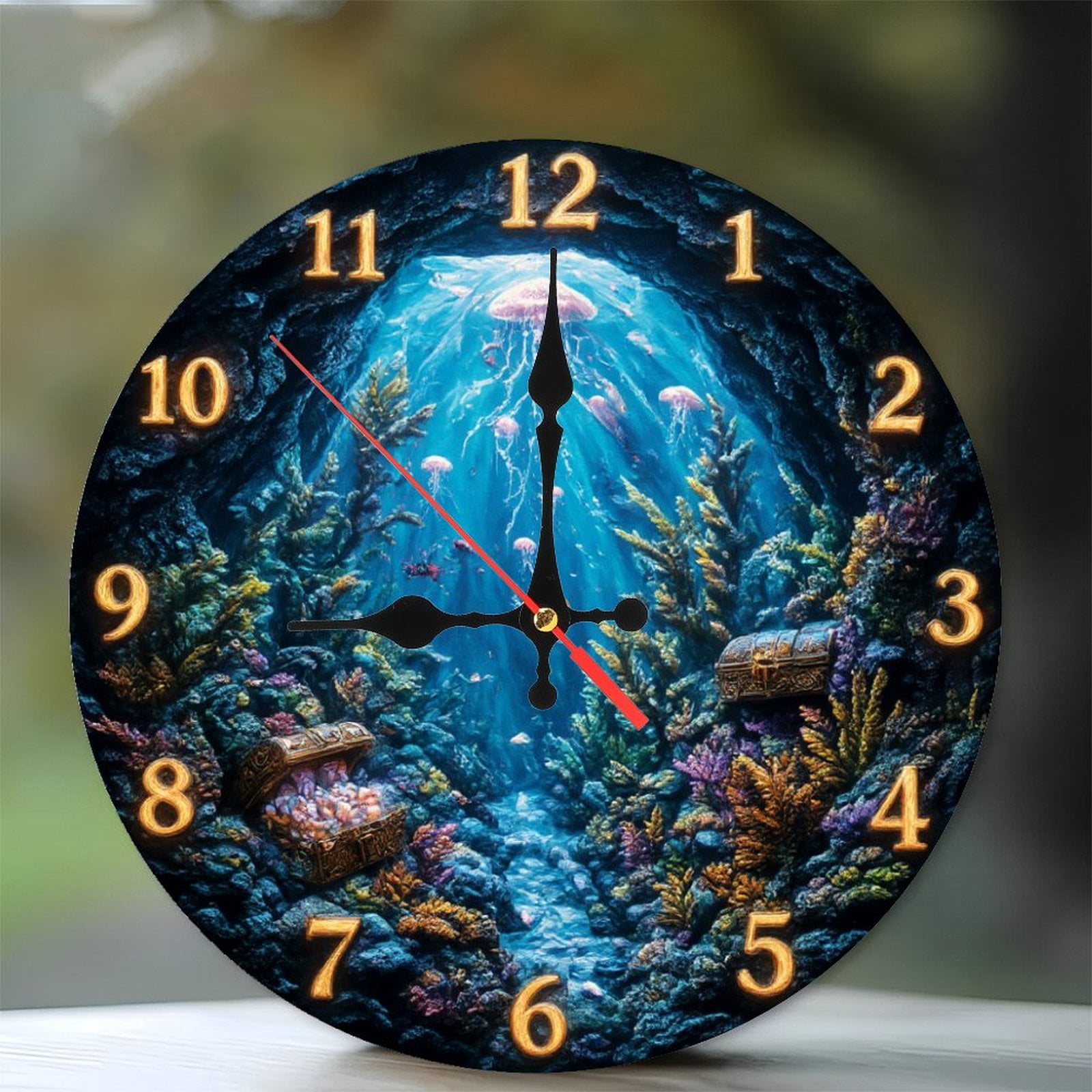 Ocean Cave Treasure Clock Jellyfish Wall Clock 10-Inch Silent Wooden ...