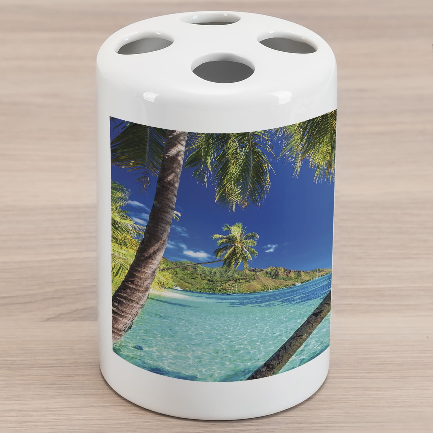 Ocean Ceramic Toothbrush Holder, Image of a Tropical Island Beach Theme ...