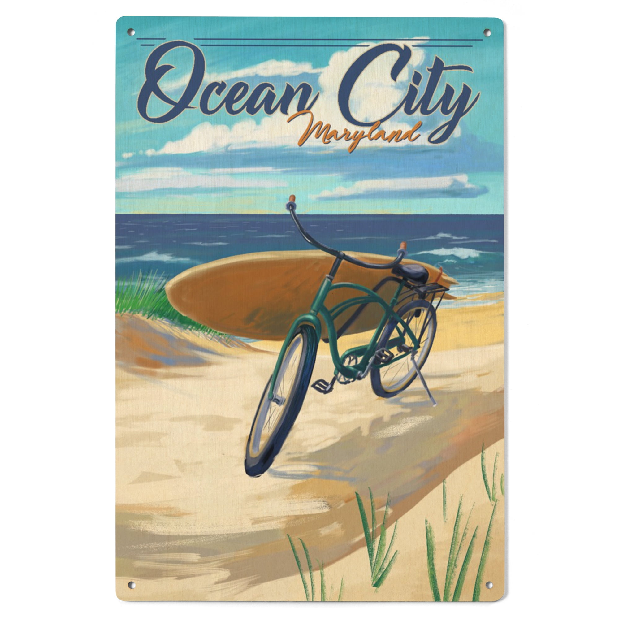 Ocean City, Maryland, Beach Cruiser on Beach Birch Wood Wall Sign (6x9 ...