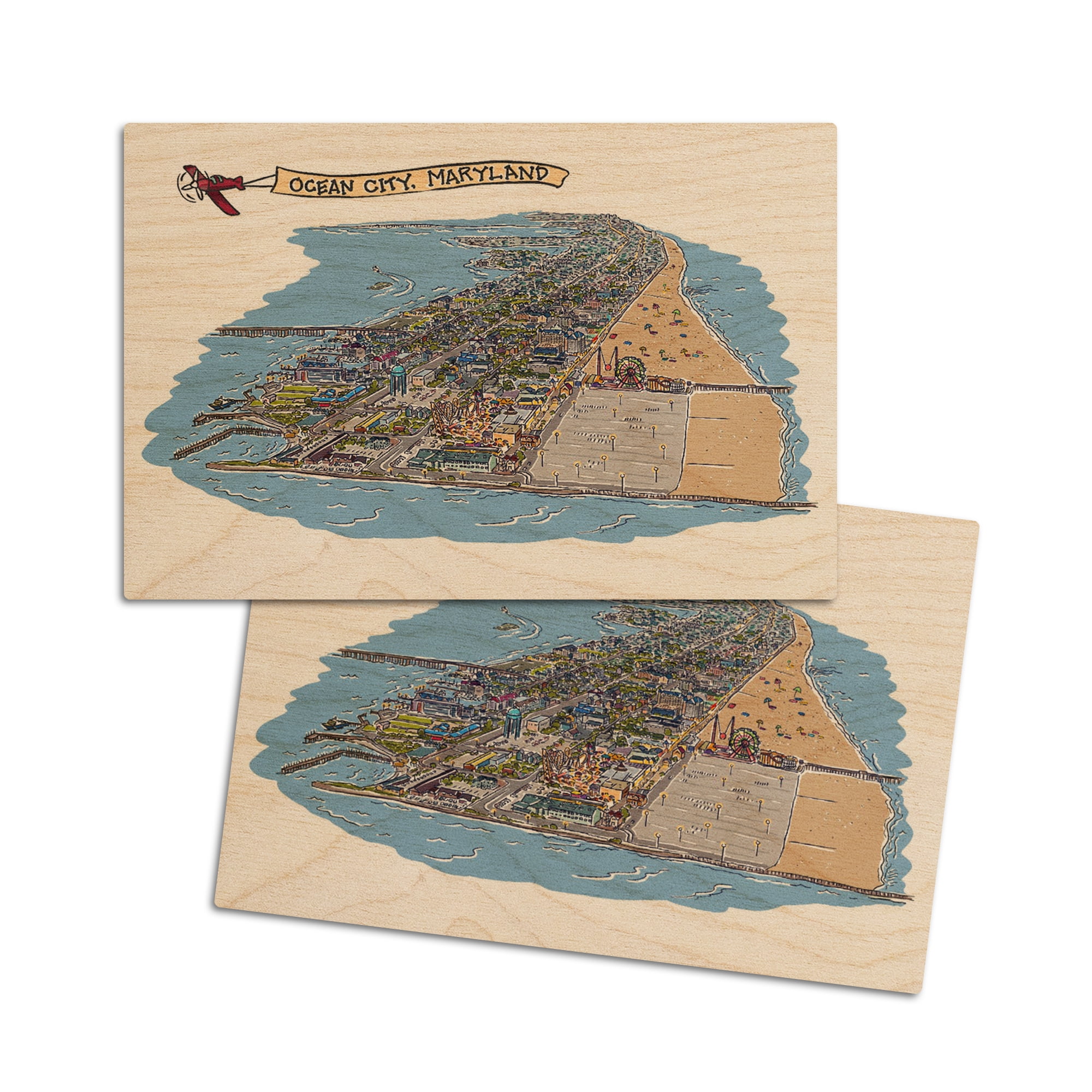Ocean City, Maryland, Line Drawing (4x6 Birch Wood Postcards, 2-Pack ...