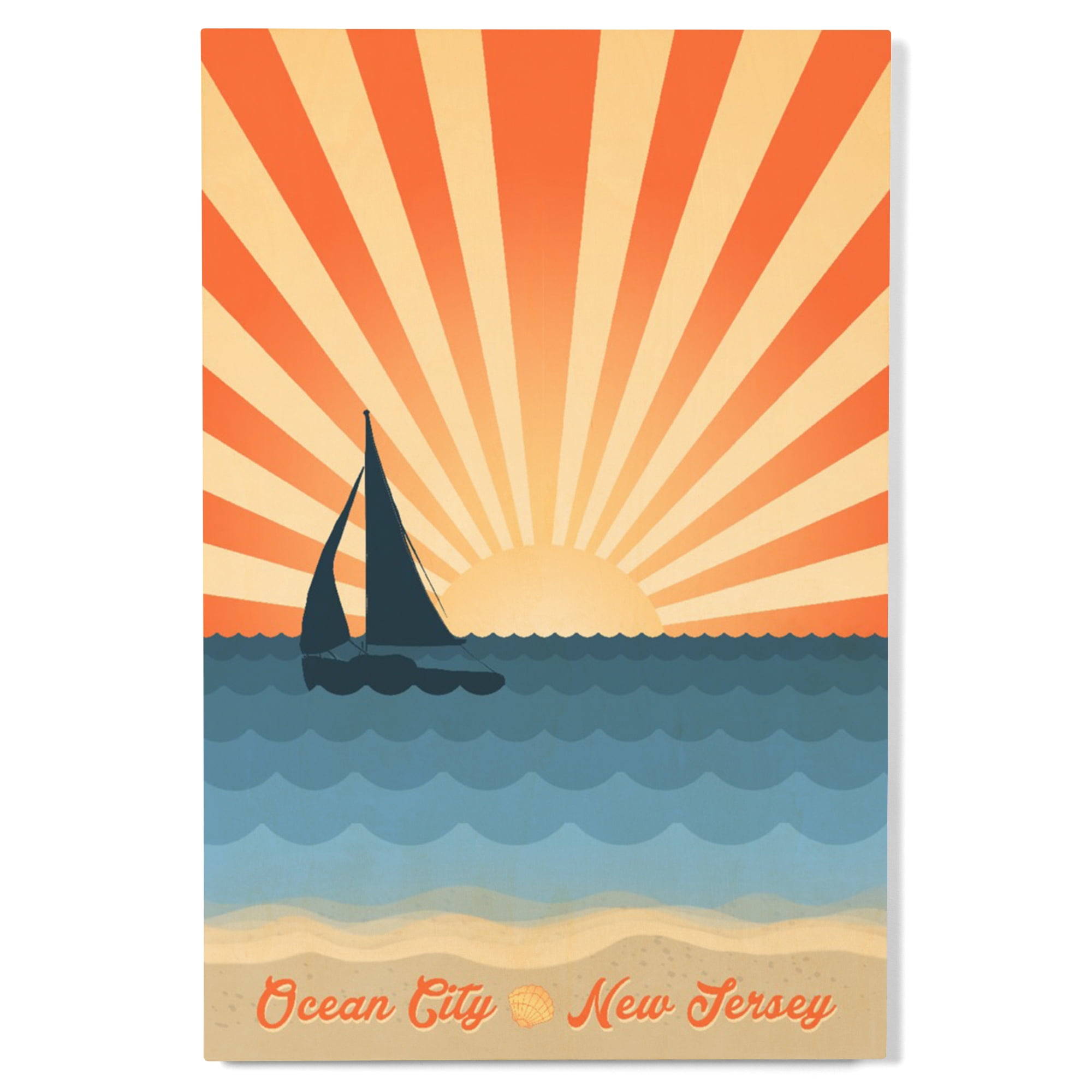Ocean City, New Jersey, Beach Scene, Rays and Sailboat Birch Wood Wall ...