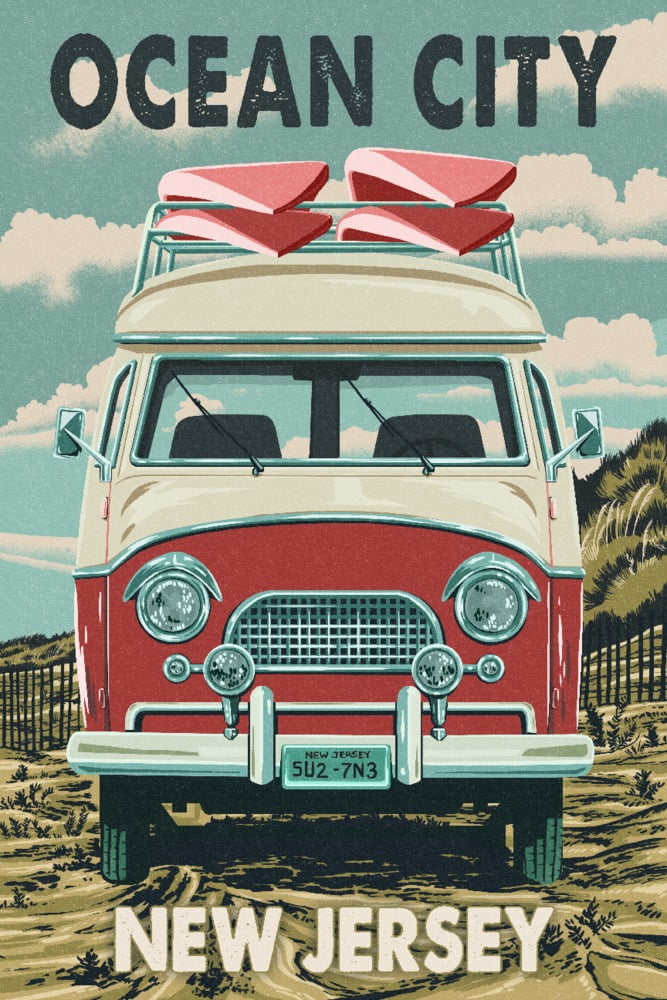 Ocean City, New Jersey, Letterpress, Camper Van (24x36 Giclee Gallery ...
