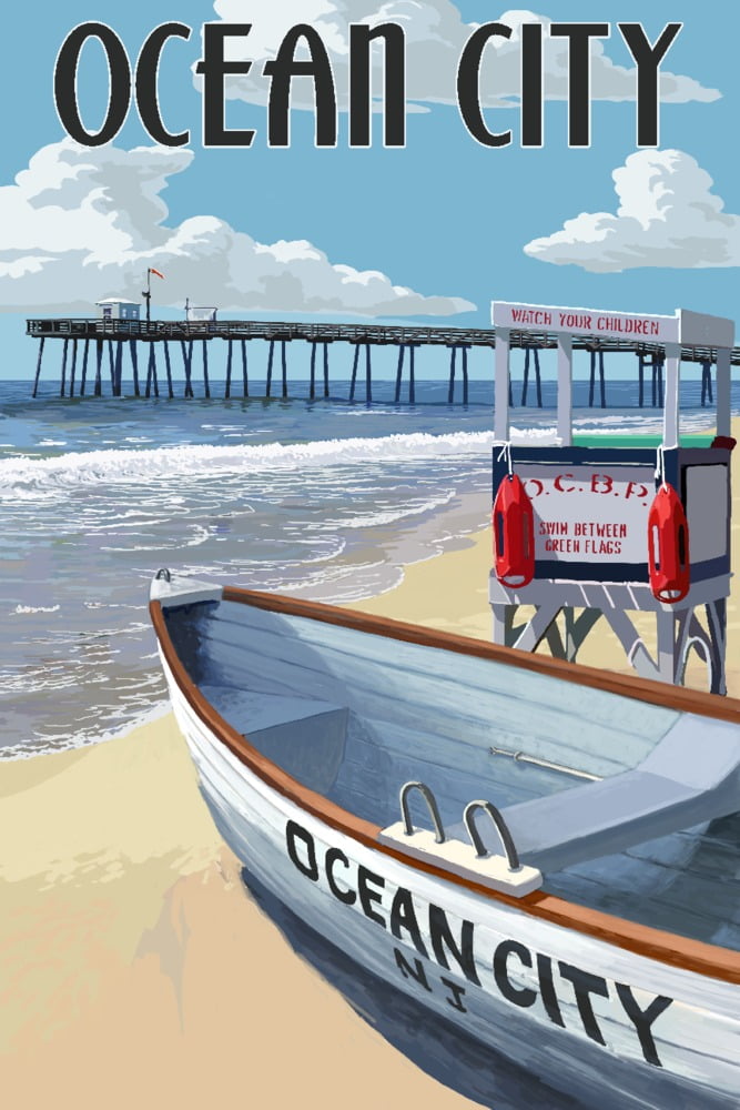 Ocean City, New Jersey, Lifeguard Stand and Boat (12x18 Wall Art Poster ...