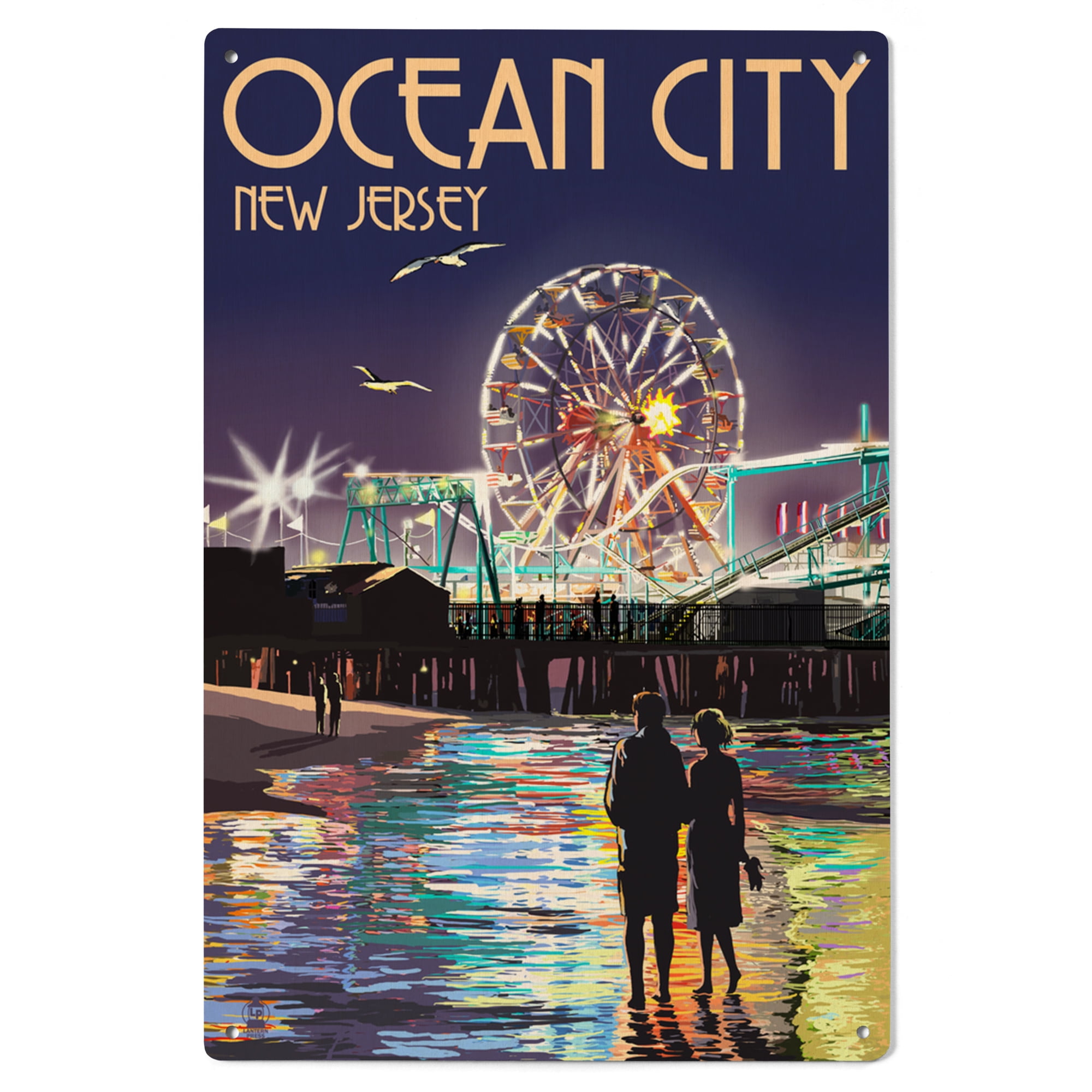 Ocean City, New Jersey, Pier and Rides at Night Birch Wood Wall Sign ...