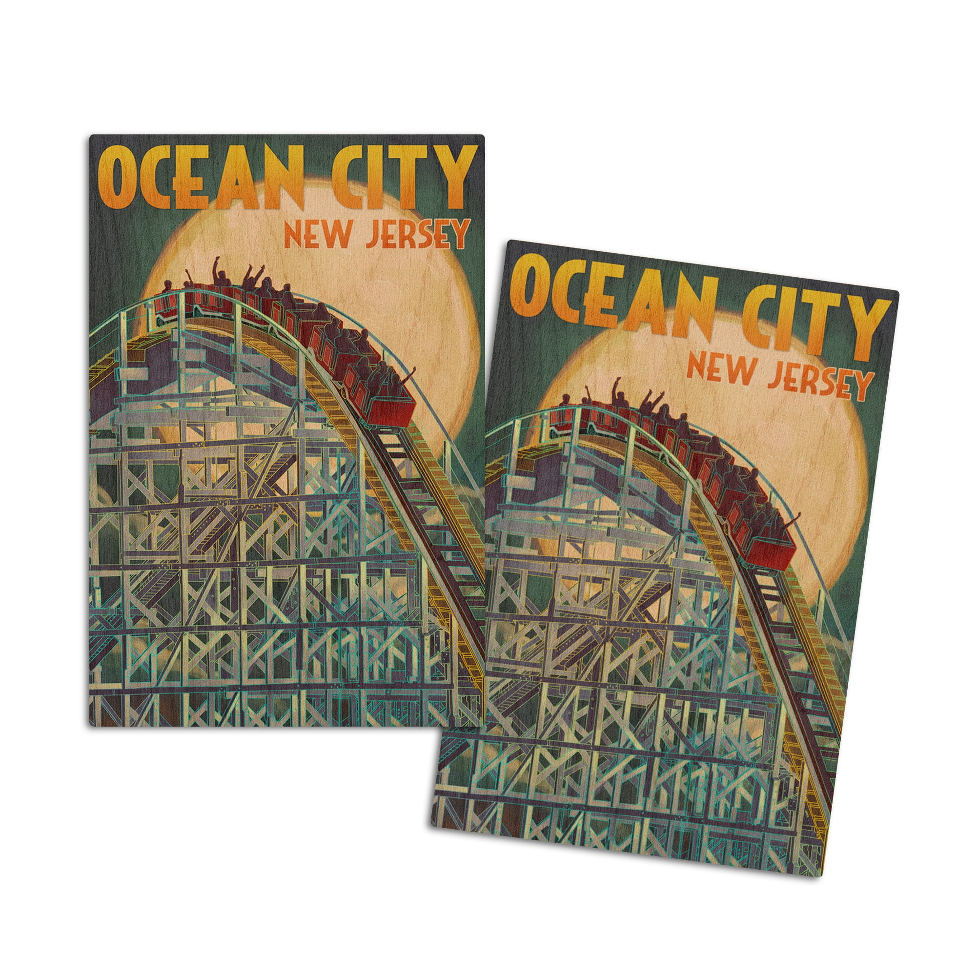 Ocean City, New Jersey, Roller Coaster and Moon (4x6 Birch Wood ...