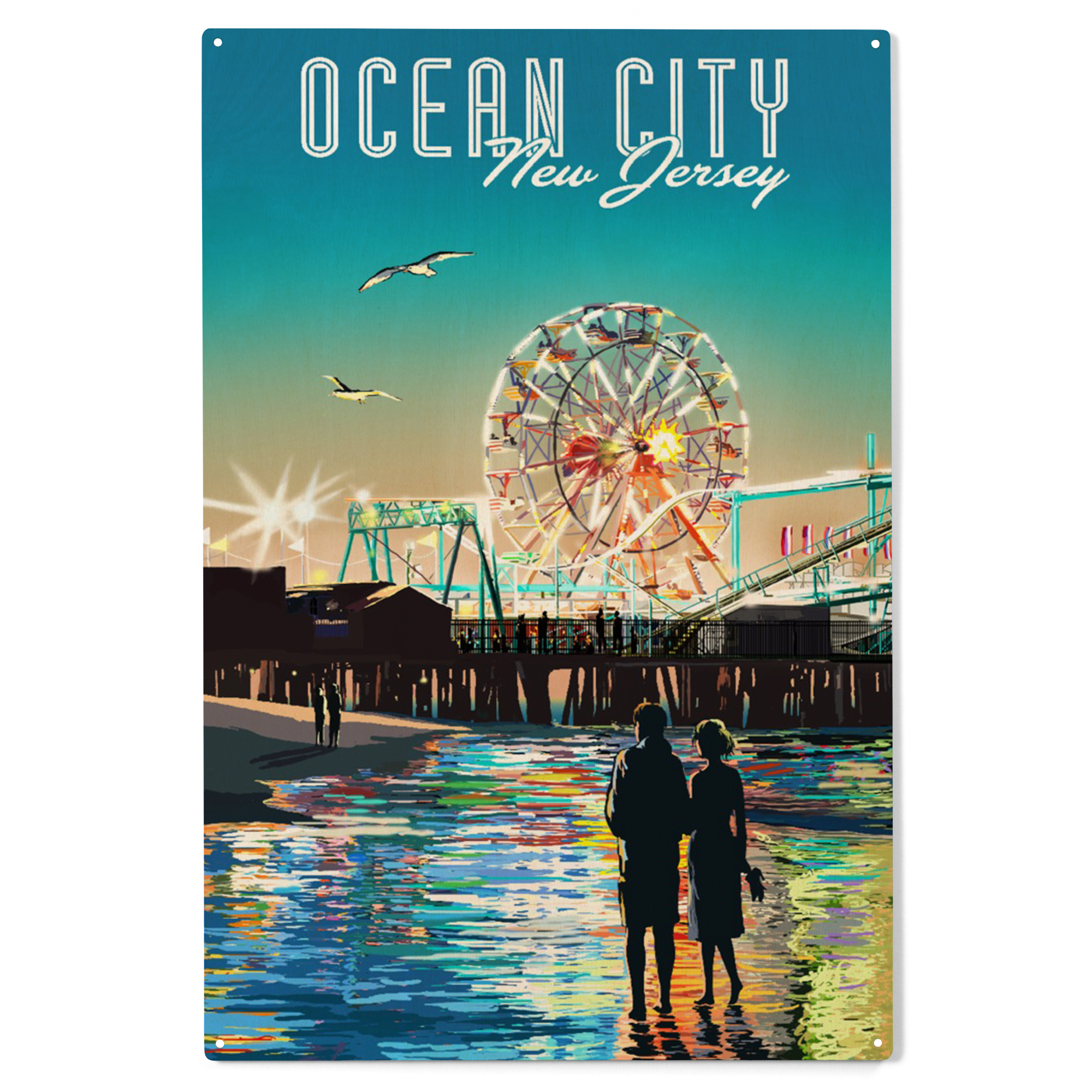 Ocean City, New Jersey, Twilight Pier Birch Wood Wall Sign (10x15 ...