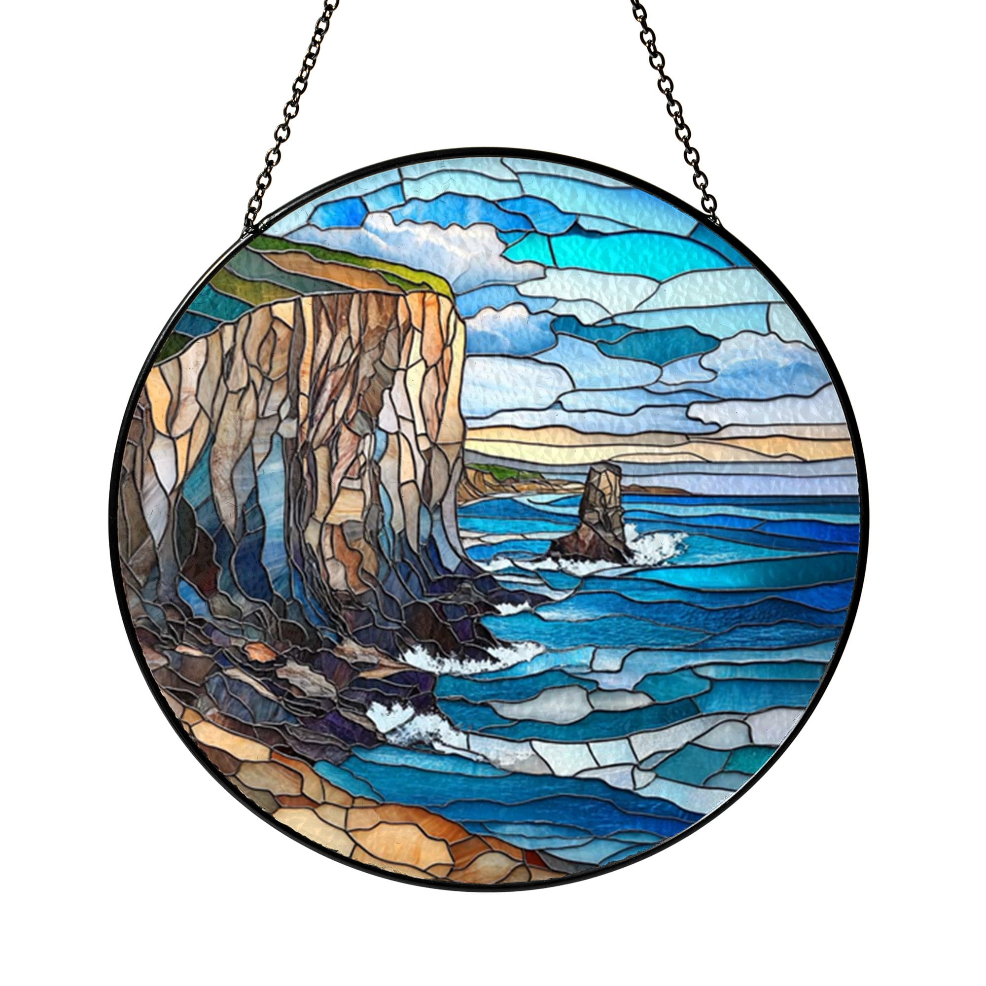 Ocean Cliff Landscape Window Hanging – Stained Glass Style Coastal ...