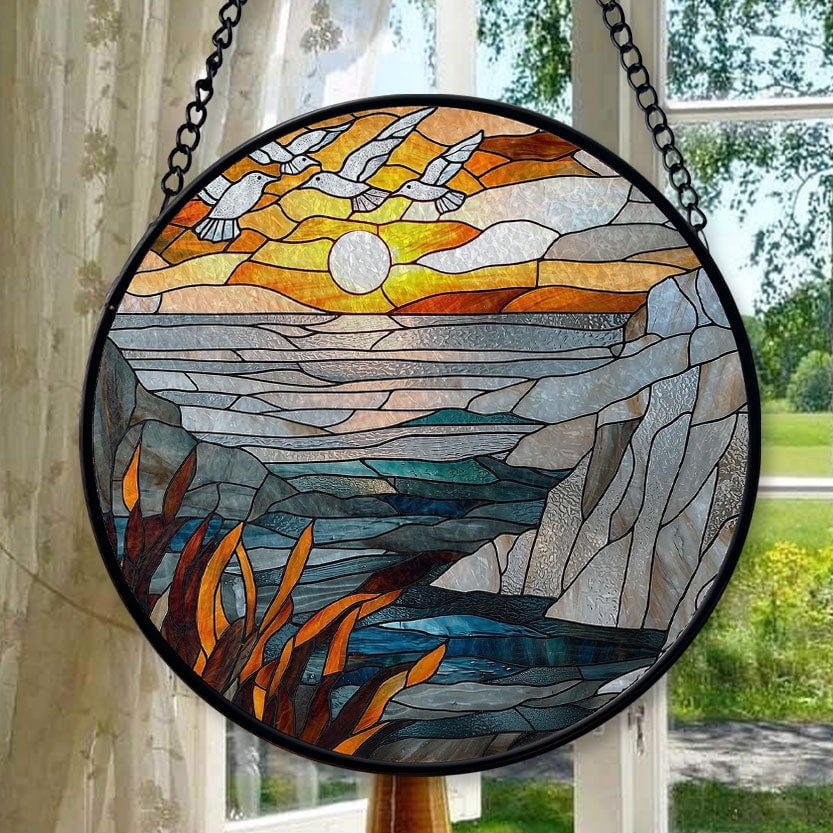 Ocean Cliff Sunset Stained Glass Suncatcher, Seagull Coastal Window ...