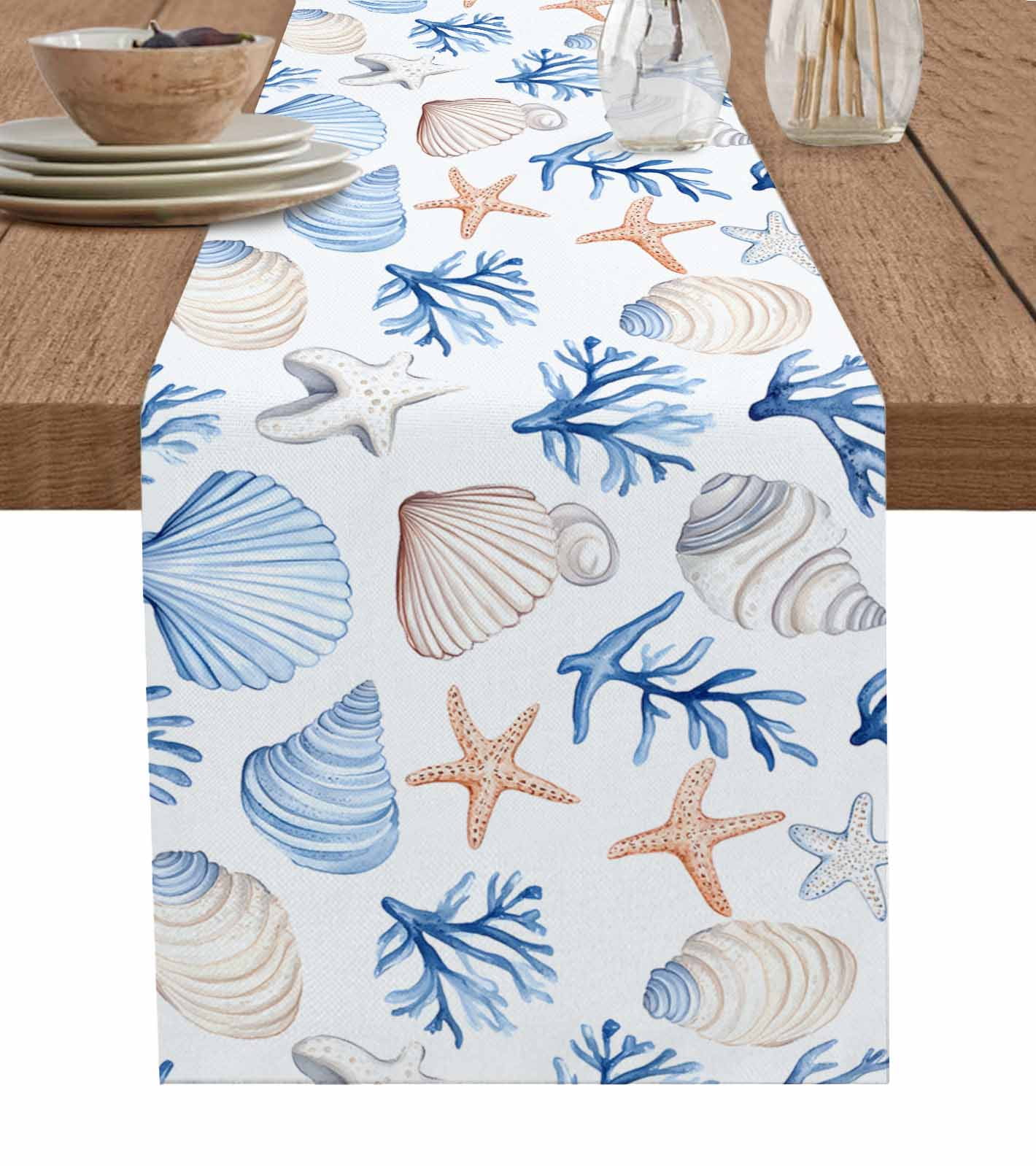 Ocean Coastal Burlap Cotton Table Runner 13x108 Inches Long, Blue Coral ...