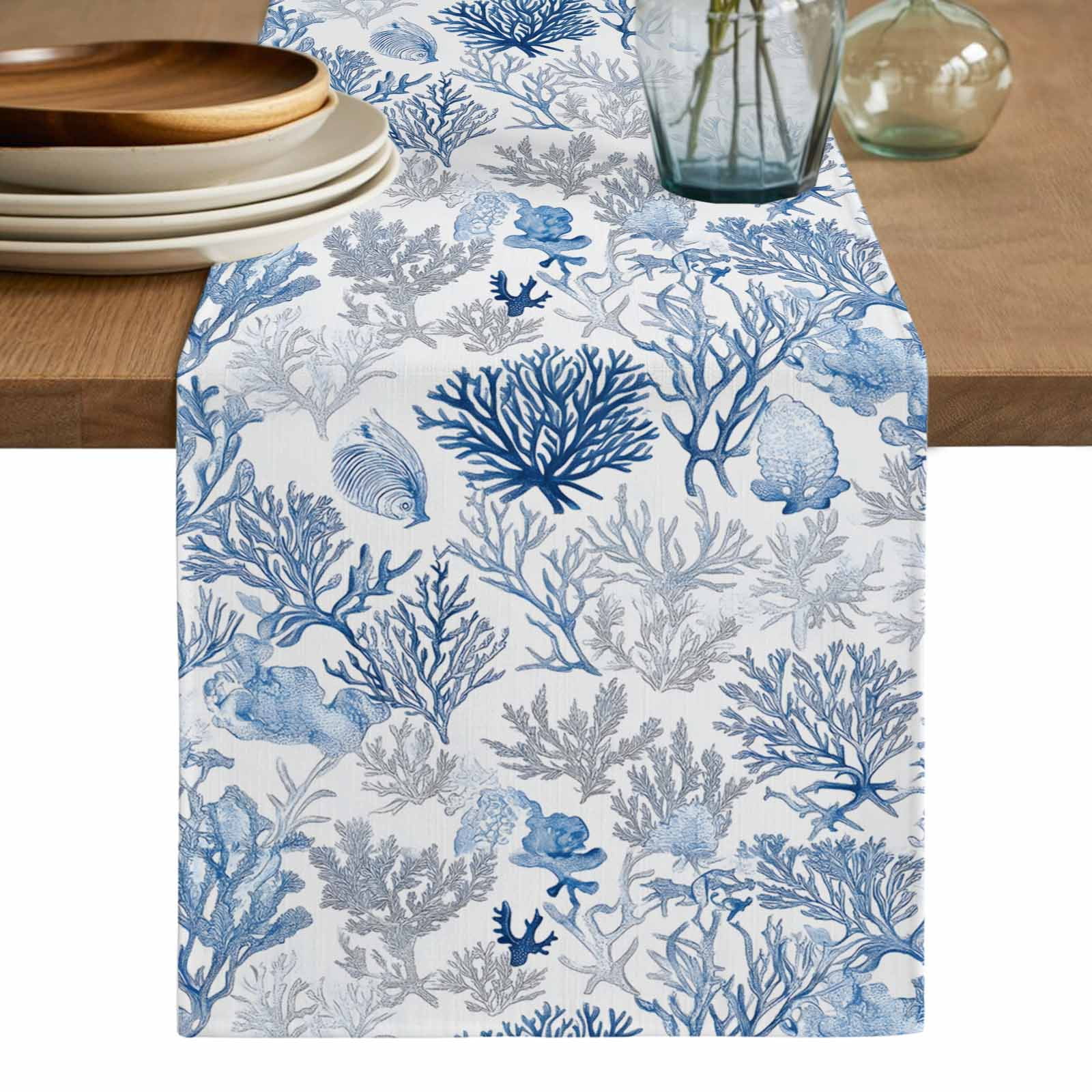 Ocean Coastal Coral Table Runner, Blue Grey Abstract Flower Plant Fish ...