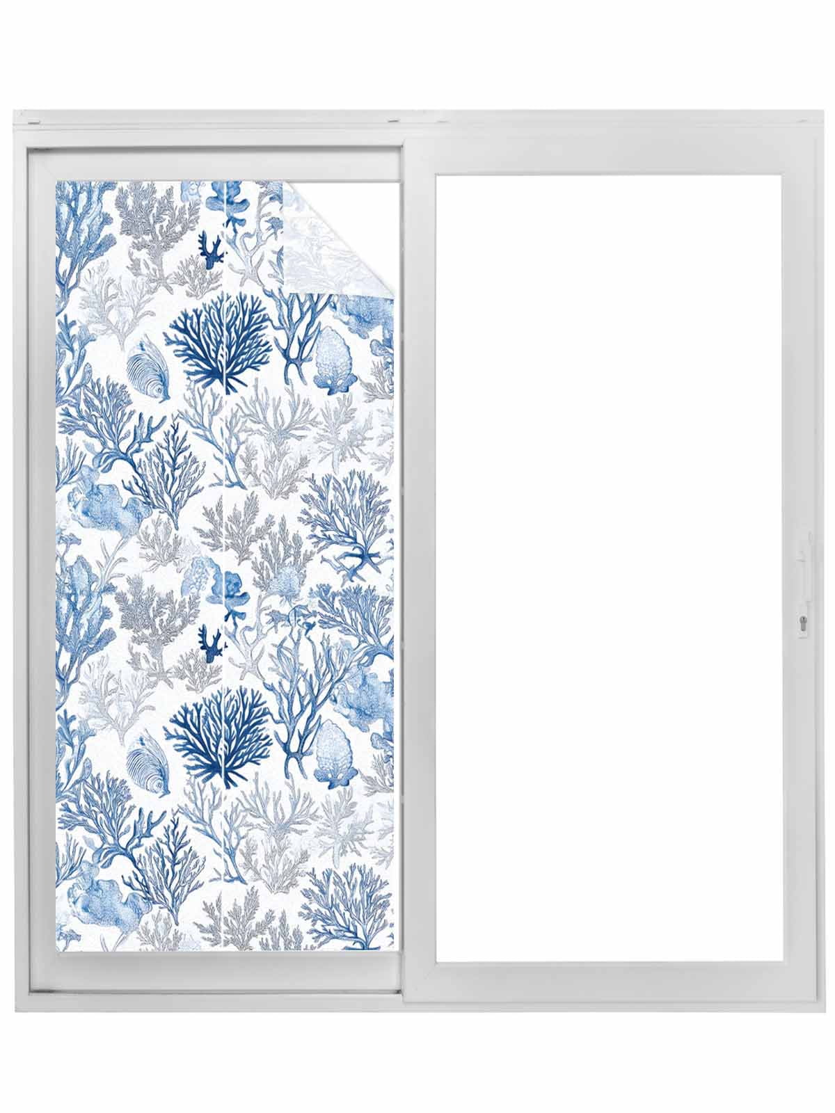 Ocean Coastal Coral Window Privacy Film, Blue Grey Abstract Flower ...