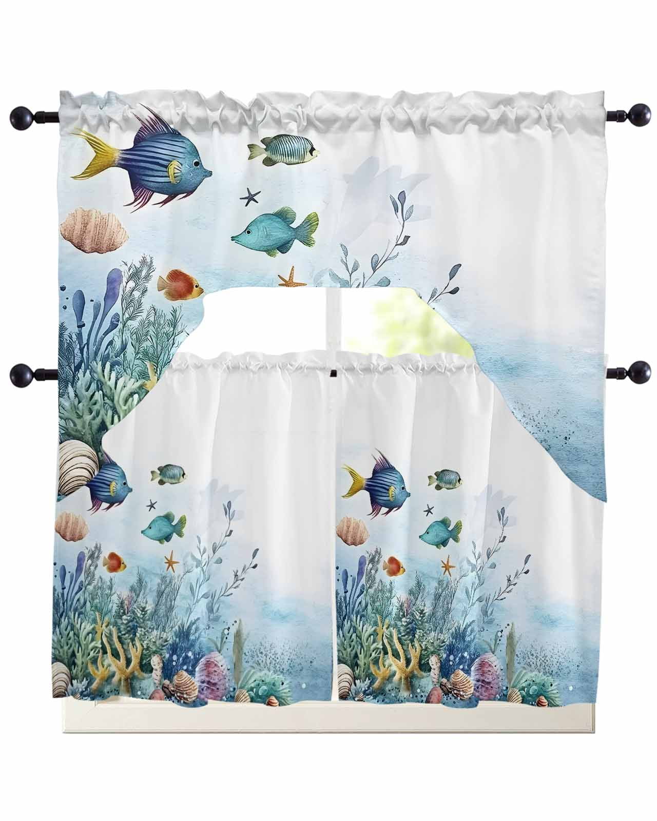 Ocean Coastal Kitchen Curtains Sets 24 Inch Length with Valance, Coral ...
