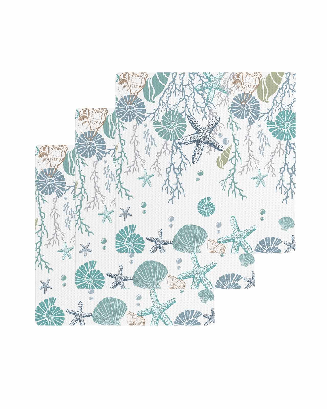 Ocean Coastal Kitchen Dish Towels for Drying Dishes Set of 3, Nautical Starfish Conch Seashells ...