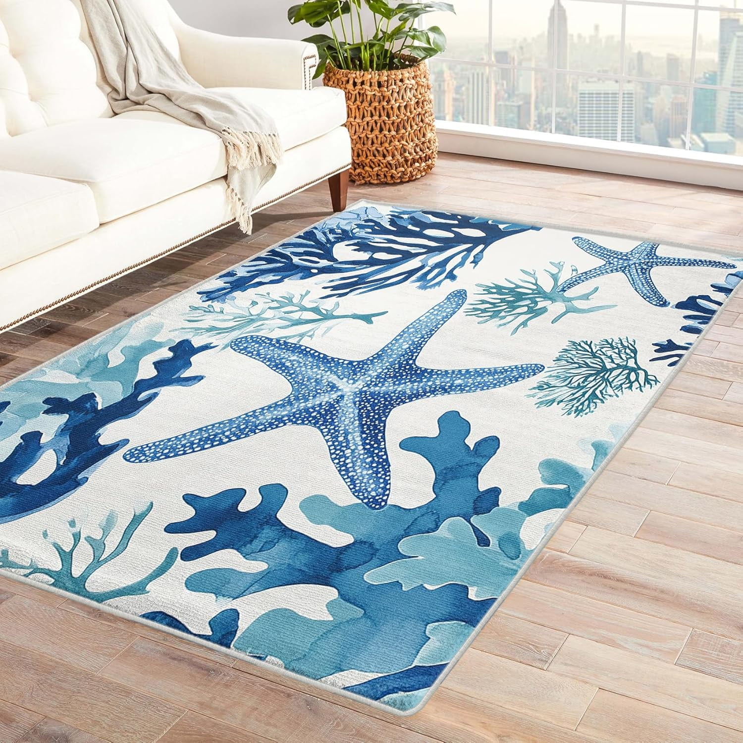 Ocean Coastal Rug Washable Starfish Rugs For Living Room Bedroom, Coral ...