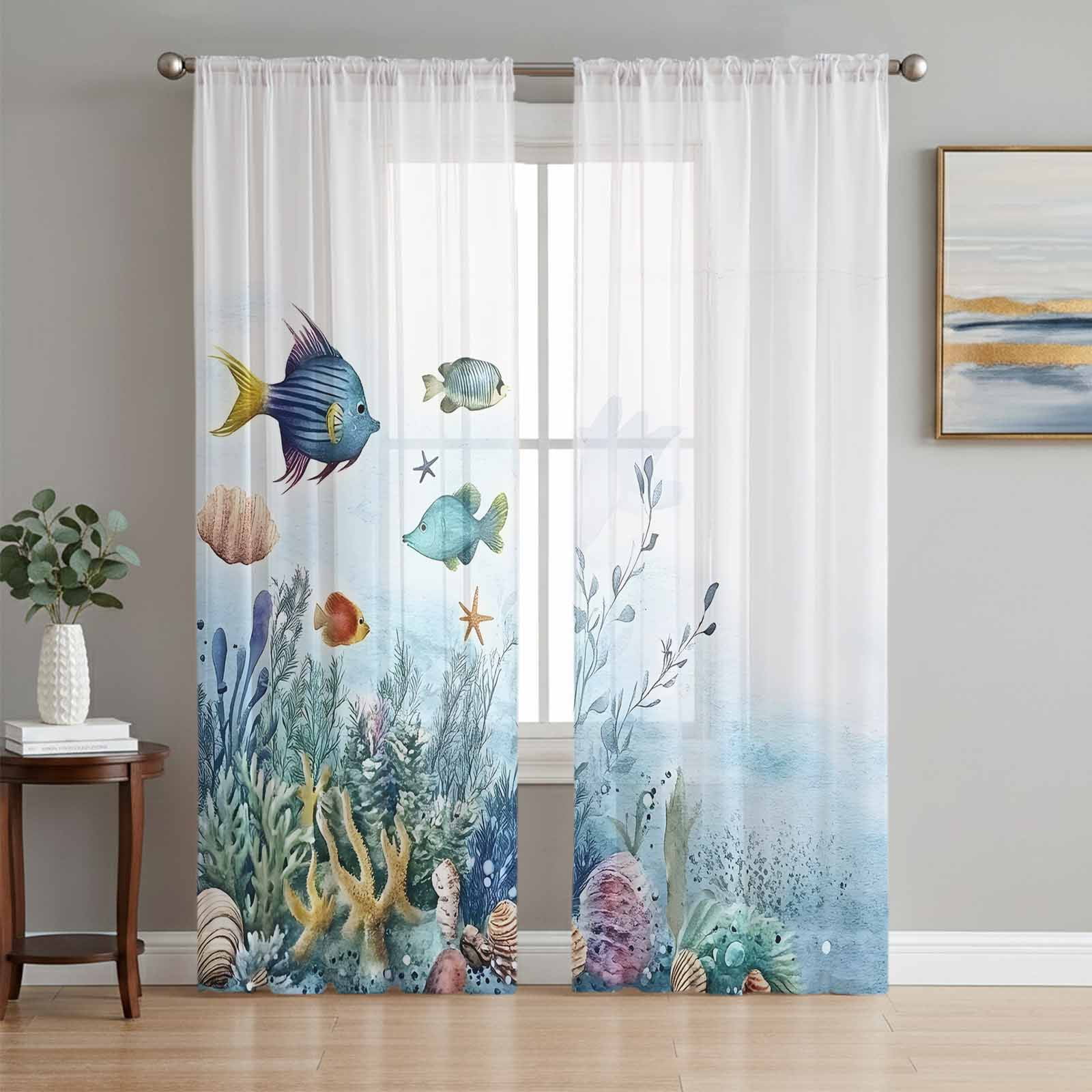 Ocean Coastal Semi Sheer Curtains 63 Inch Length 2 Panels Set, Coral ...