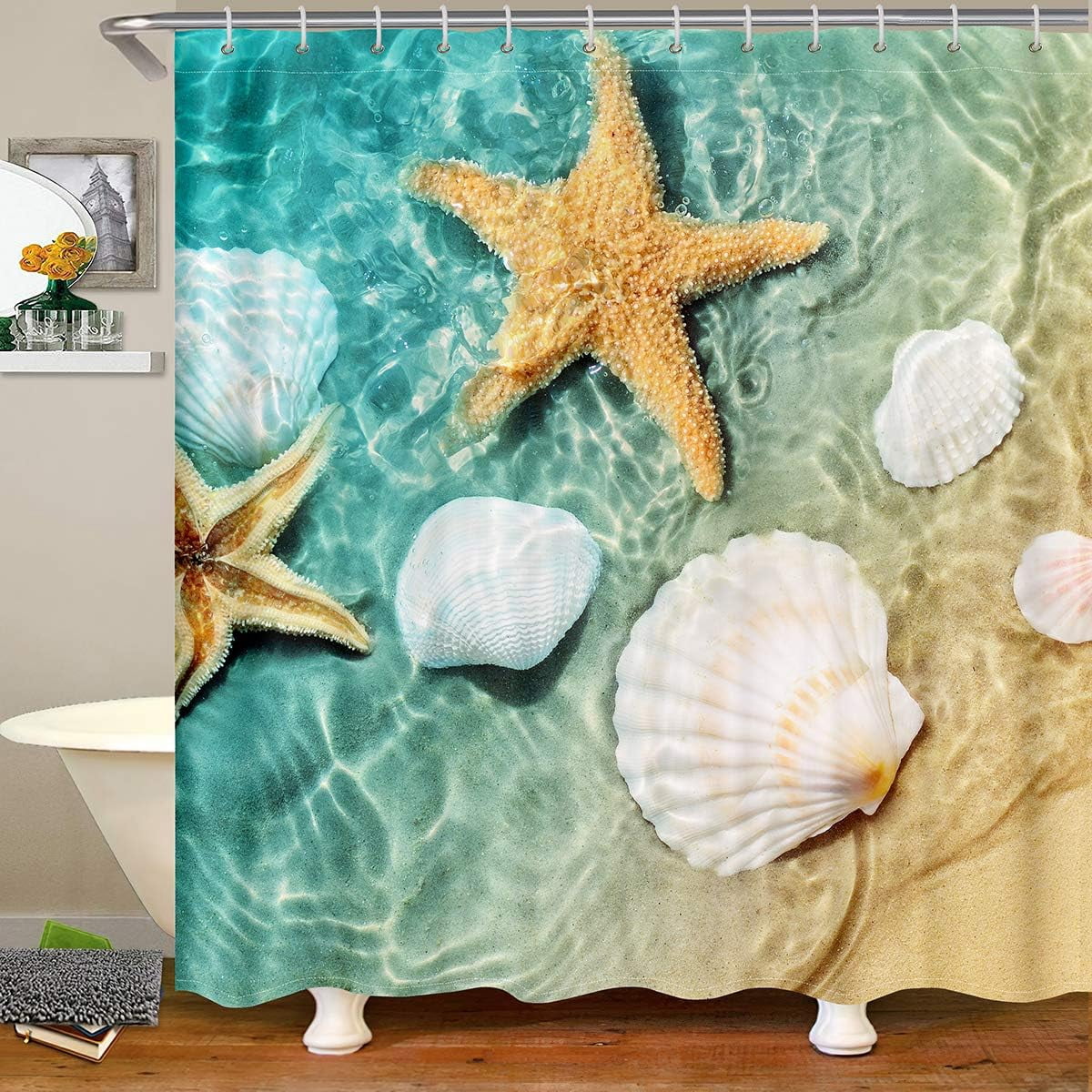 Ocean Coastal Shower Curtain,Starfish Seashells Teal Brown Bathroom ...