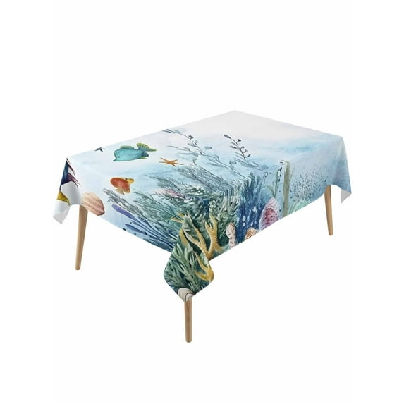 Ocean Coastal Table Cloth, Coral Fish Watercolor Shell Starfish ...