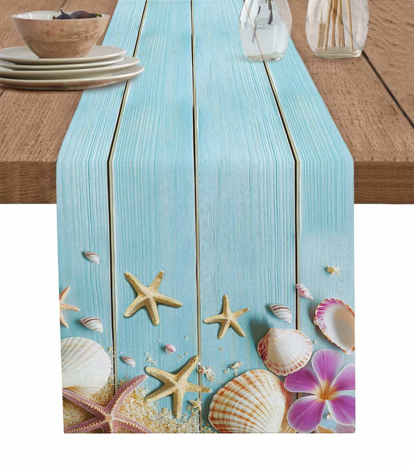Ocean Coastal Table Runner Blue Wooden Grain Starfish Seashells Floral ...