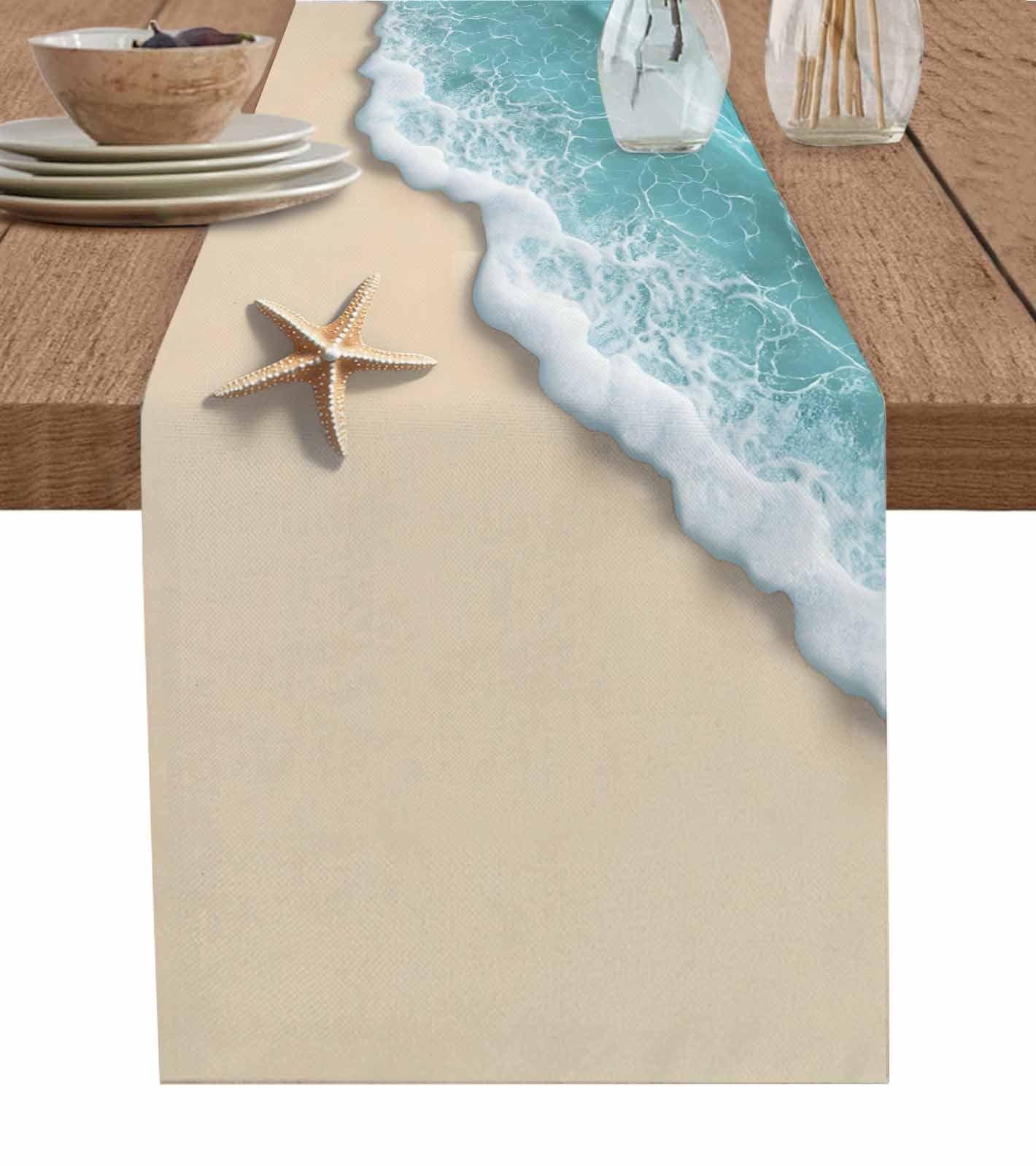 Ocean Coastal Table Runner Brown Beach Starfish Waves Shore Abstract ...