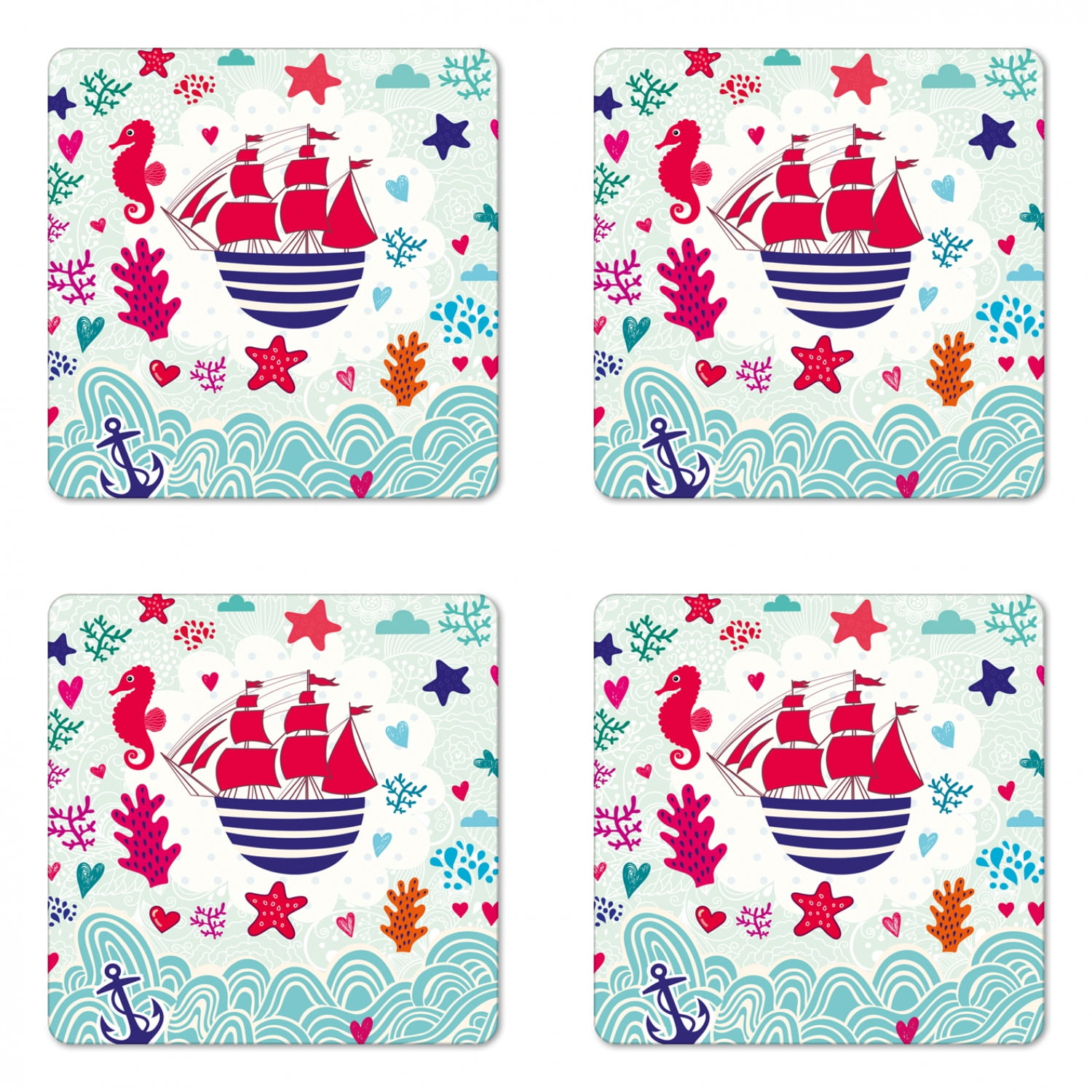 Ocean Coaster Set of 4, Maritime Theme a Sailing Ship Anchor Seahorse ...