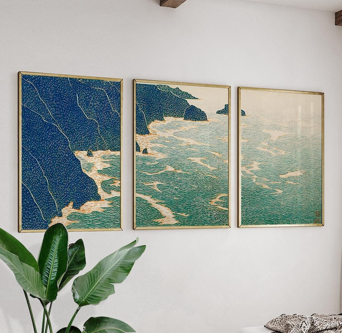 Ocean Coastline Japanese Ink Art Version Two Set 3 Stretched Canvas ...
