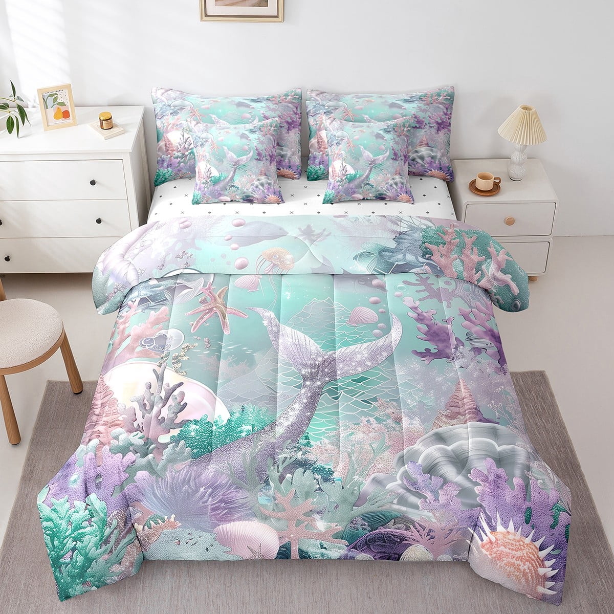 Ocean Comforter Set 7 Piece Bed in a Bag Twin,Sliver Purple Mermaid ...