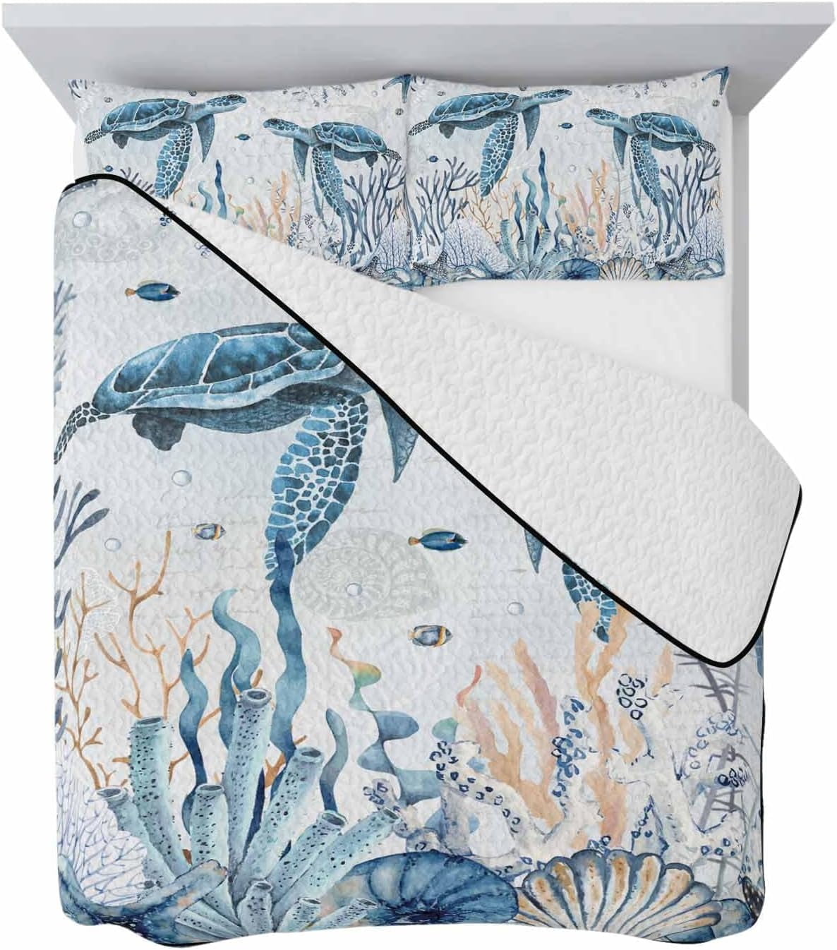 Ocean Comforter Set, Coral Seaweed and Sea Turtles Bedding Set ...