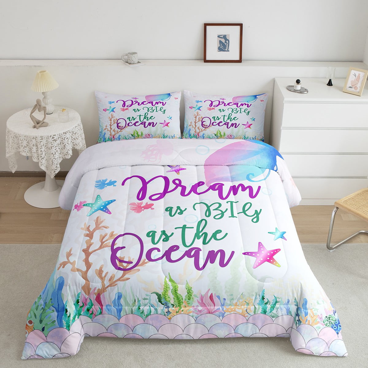 Ocean Comforter Set Kids Queen, Starfish Jellyfish Bedding For Kids Girls Boys Children Bedroom ...