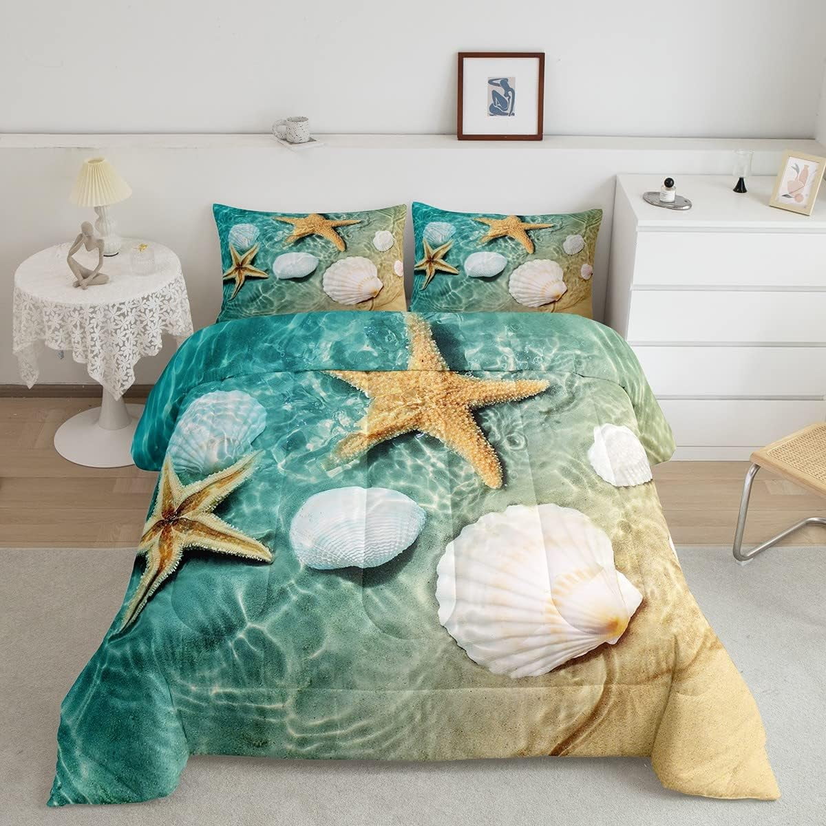 Ocean Comforter Set Queen Beach Bedding Set Coastal Nature Theme Teal ...
