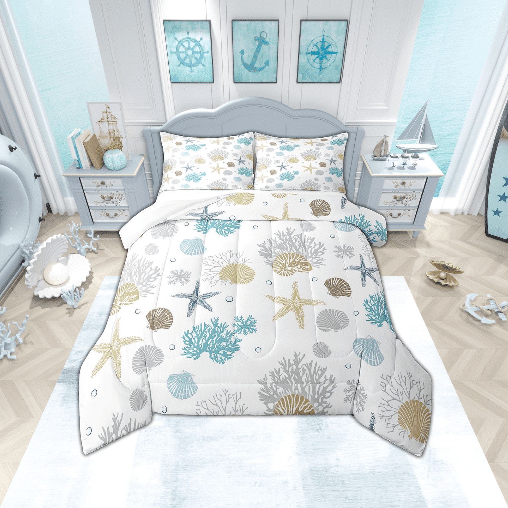 Ocean Comforter Set Starfish Coral Nautical Coastal King Bedding ...