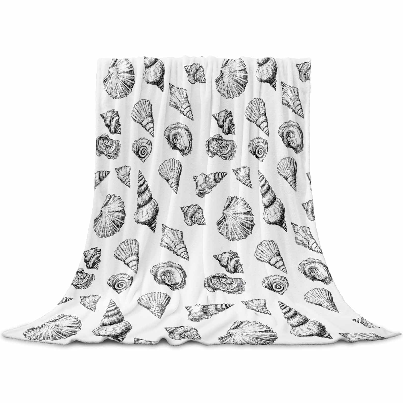 Ocean Conch Nautilus Flannel Blanket for Bed, White Black Coastal Beach ...