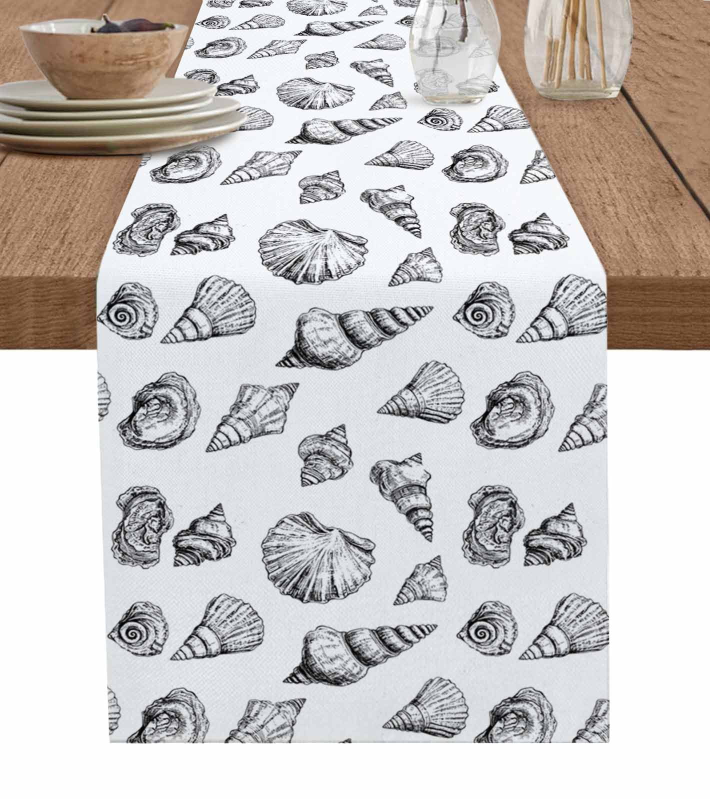 Ocean Conch Nautilus Table Runner 90 Inches, White Black Coastal Beach ...