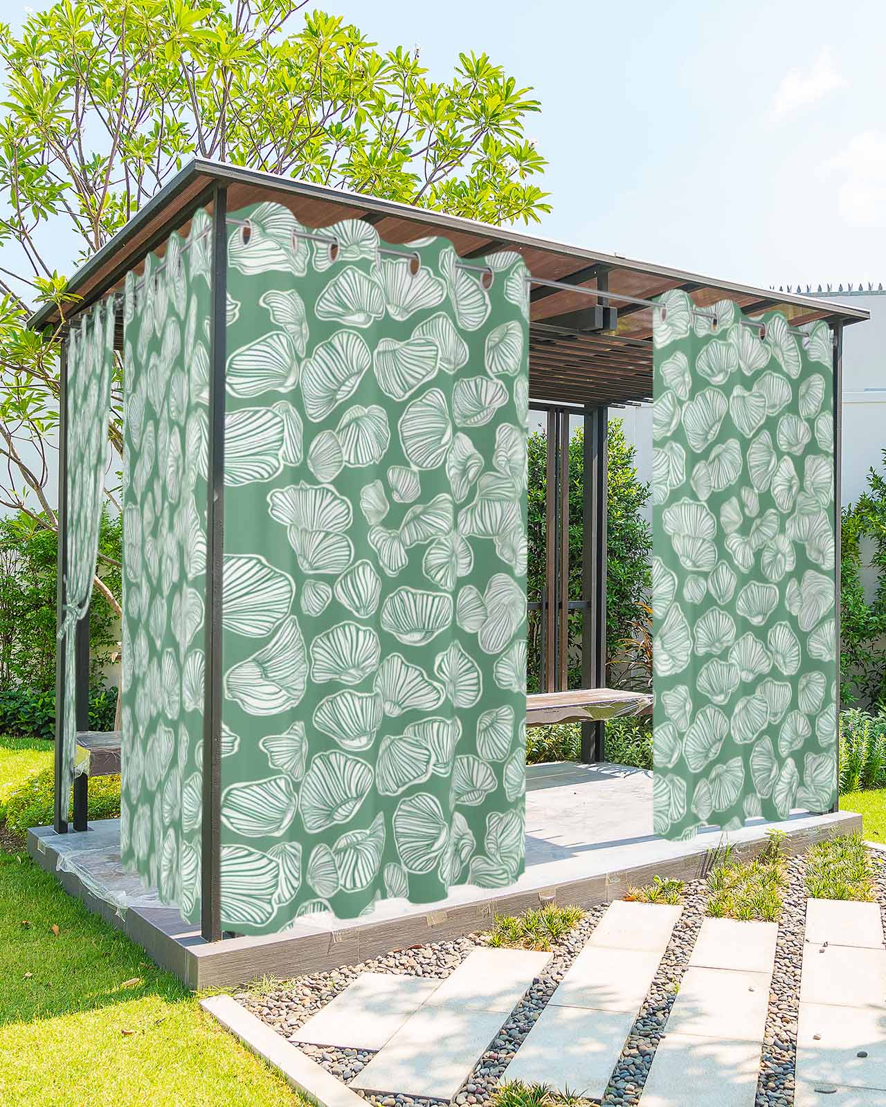 Ocean Conch Outdoor Curtains for Patio Waterproof, Coastal Green Shell ...
