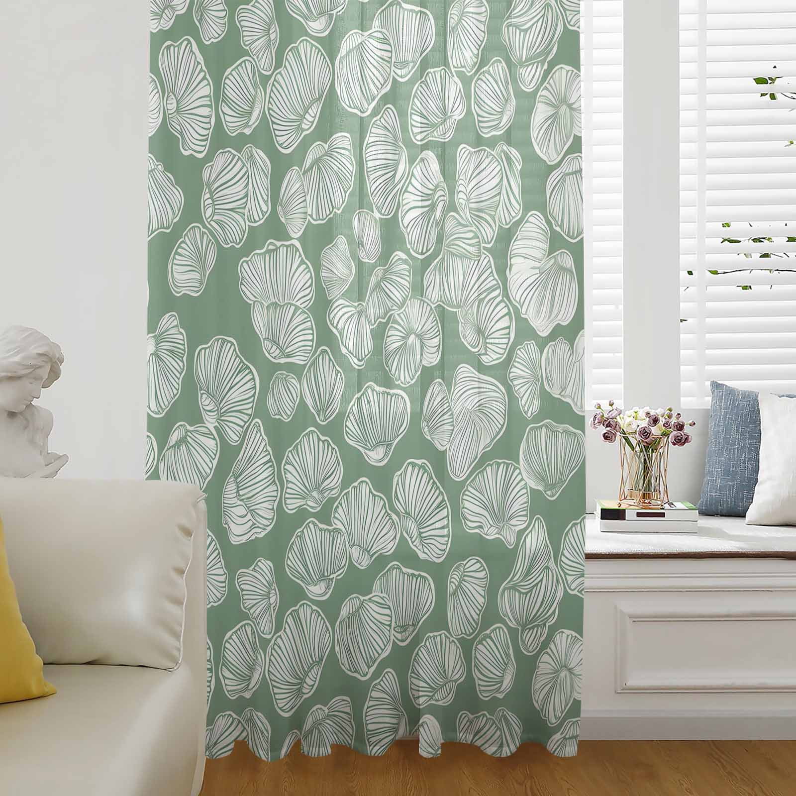 Ocean Conch Window Curtain 63 Inches Long, Coastal Green Shell Summer ...