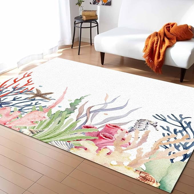Ocean Coral Area Rug, Living Room Rug Washable Rug Soft Large Summer ...