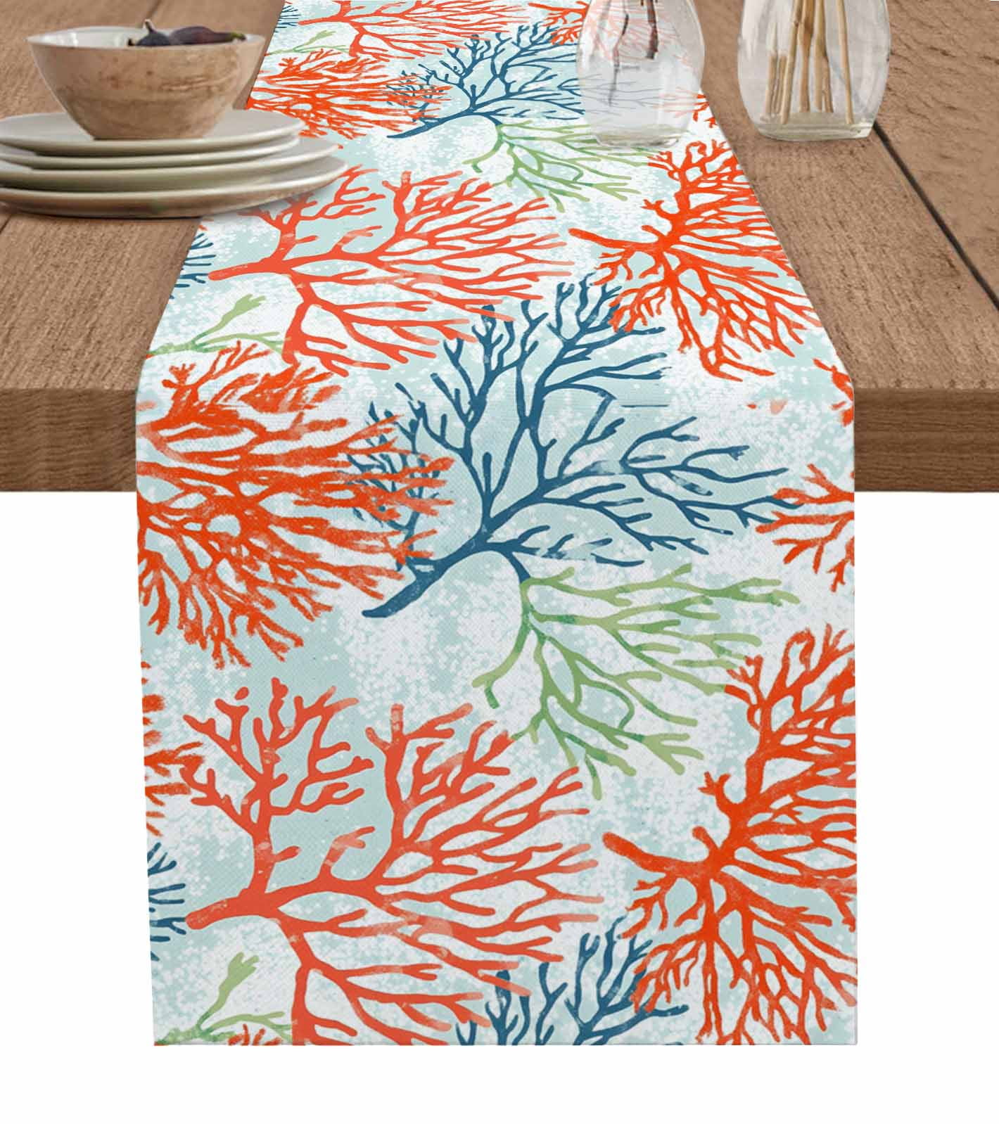 Ocean Coral Burlap Cotton Table Runner 13x108 Inches Long, Abstract ...